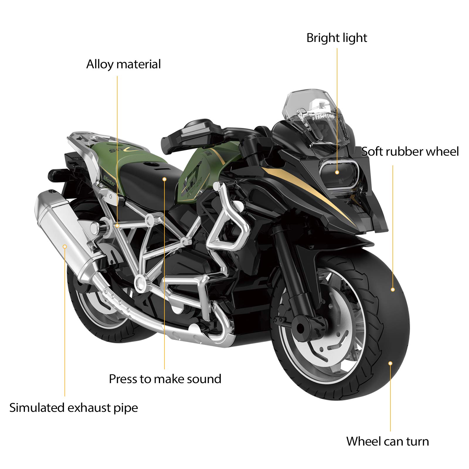 Diecast Motorcycle Toy - Pull Back Toy Cars with Sound and Light Toy,Motorcycle Toys for Boys,Toys for 3-9 Year Old Boys (Green)