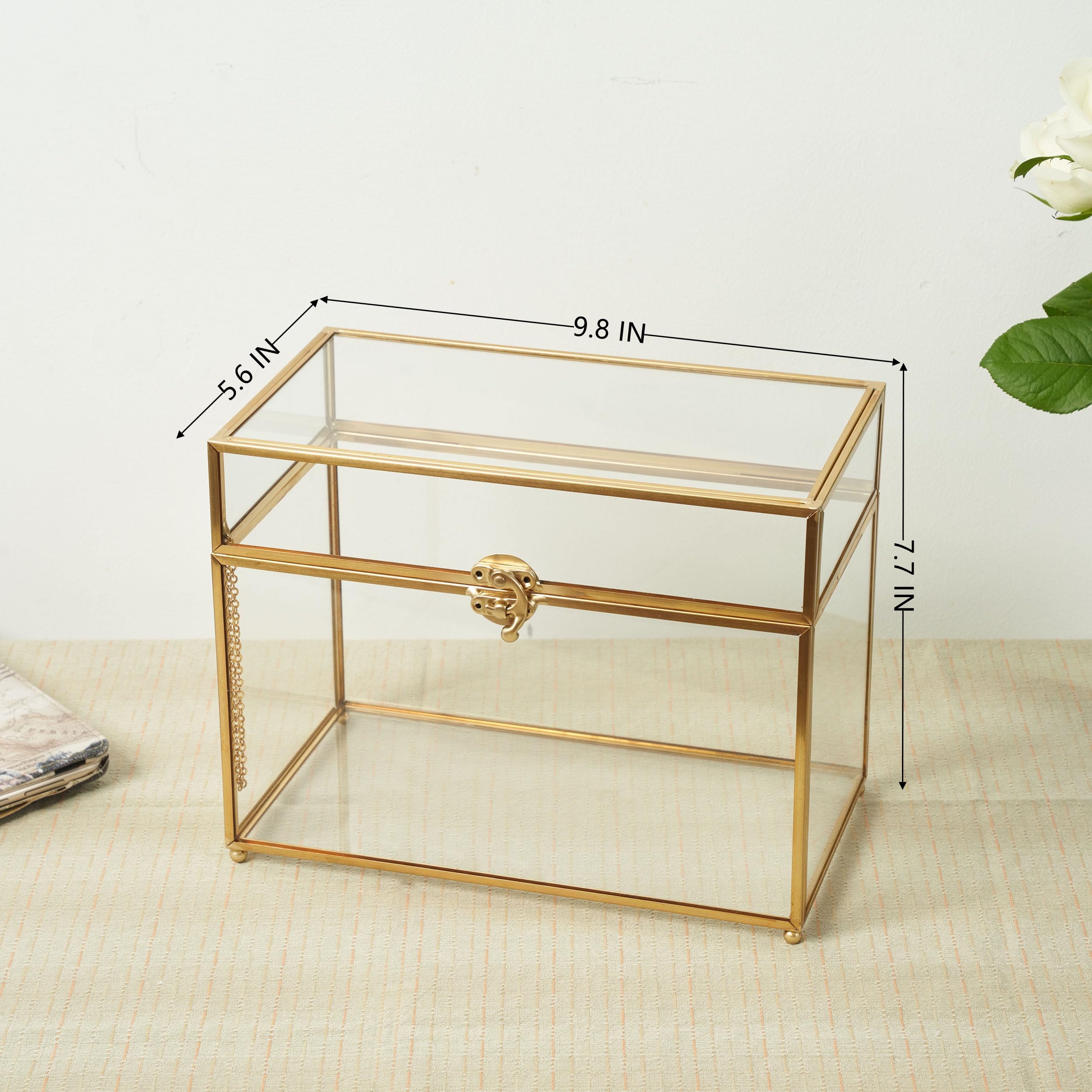 Axlbcne 9.8" Glass Card Box - Gold Card Box for Wedding Reception, Clear Card Box for Wedding Graduation Birthday Praty, Vintage Party Centerpiece - 15612A