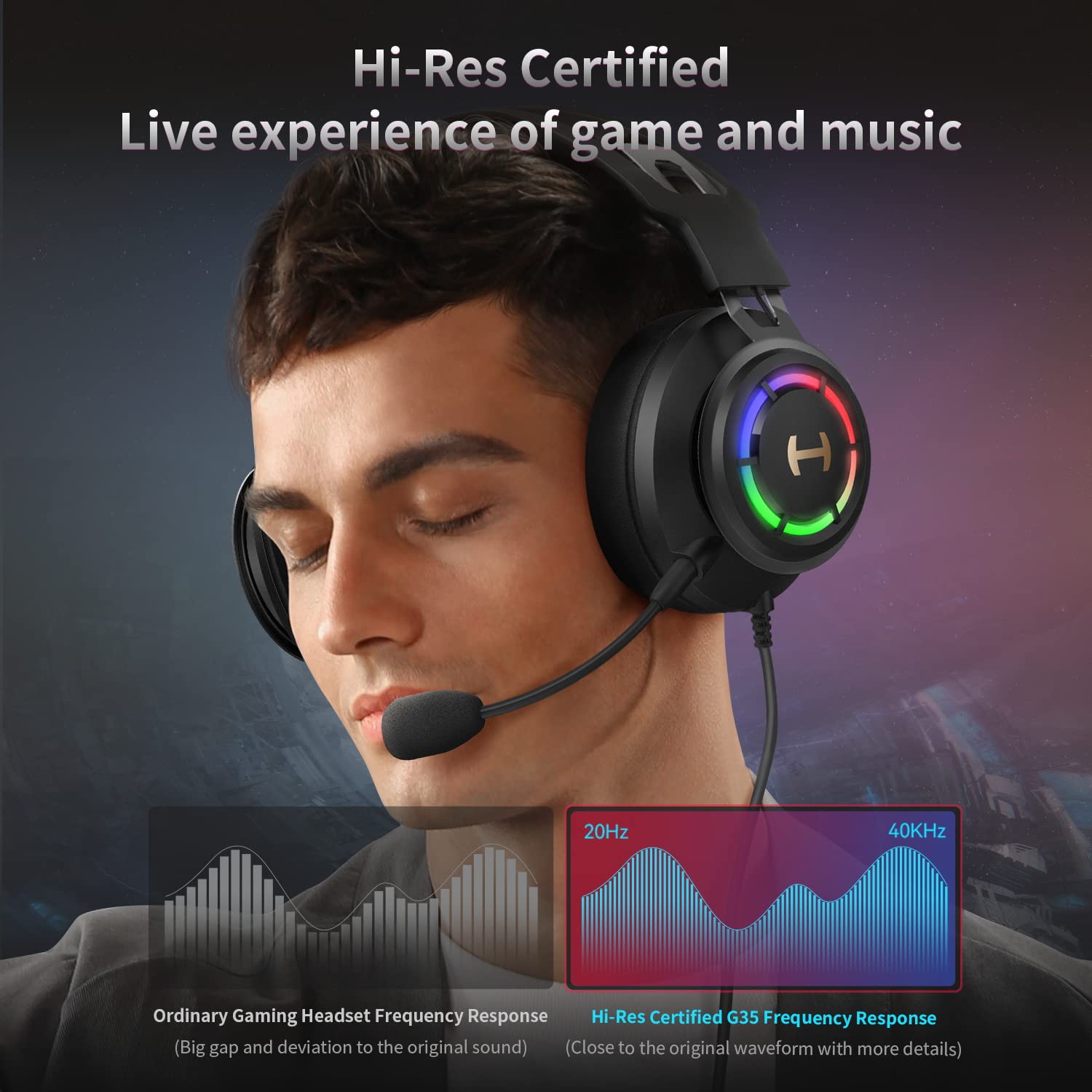 Edifier G35 PC Gaming Headset Hi-Res Sound Quality USB Over-Ear Headphone with 7.1 Surrounding Sound, 50mm Hybrid Driver, ENC Noise Cancelling Mic, 16.8m RGB Light for PC PS4 Mac Laptop Desktop Black