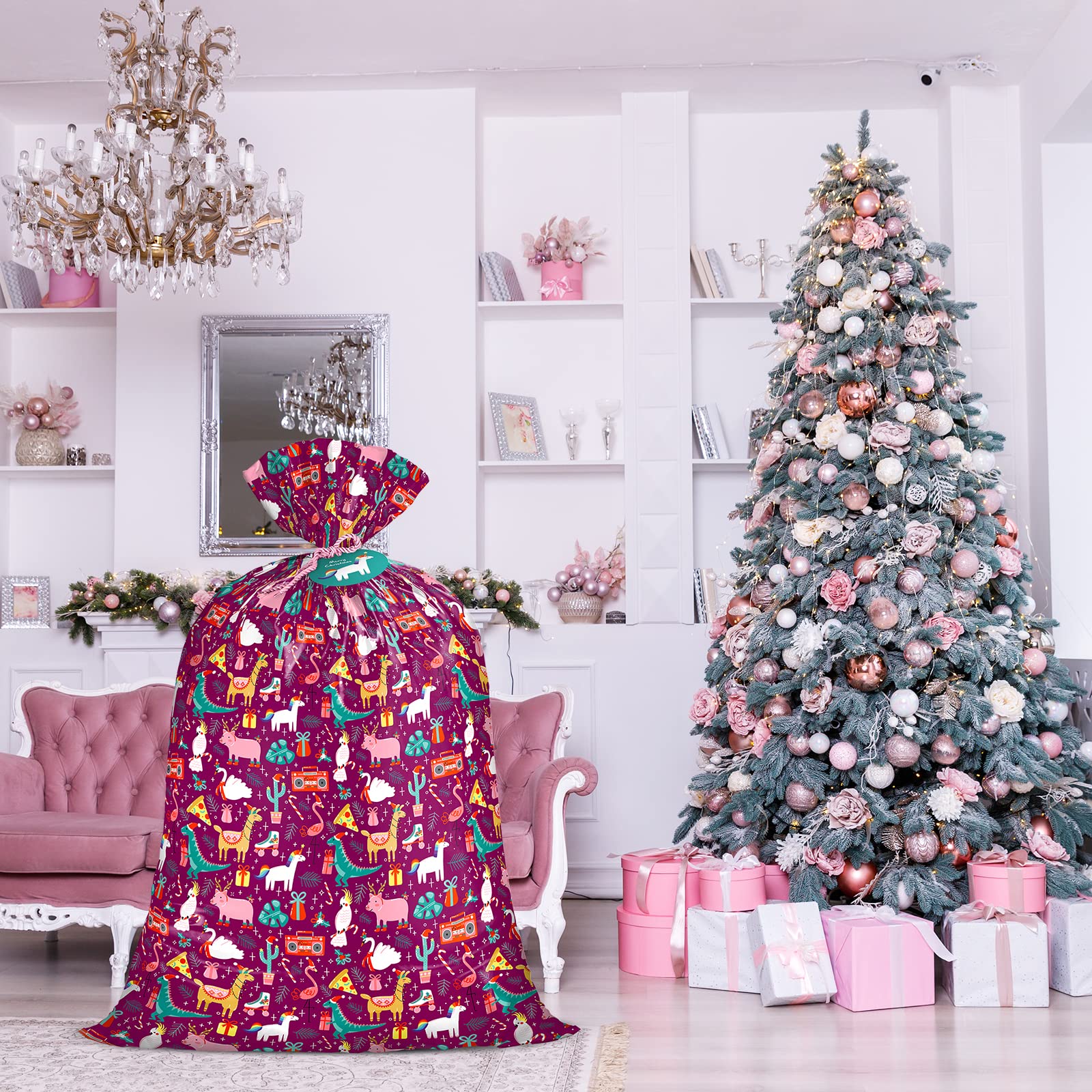 WRAPAHOLIC 56" Large Christmas Plastic Gift Bag - Cute Red Green Gnome and Candy Canes Design for Holiday, Parties, Celebrating, or Any Occasion - 56" H x 36" W