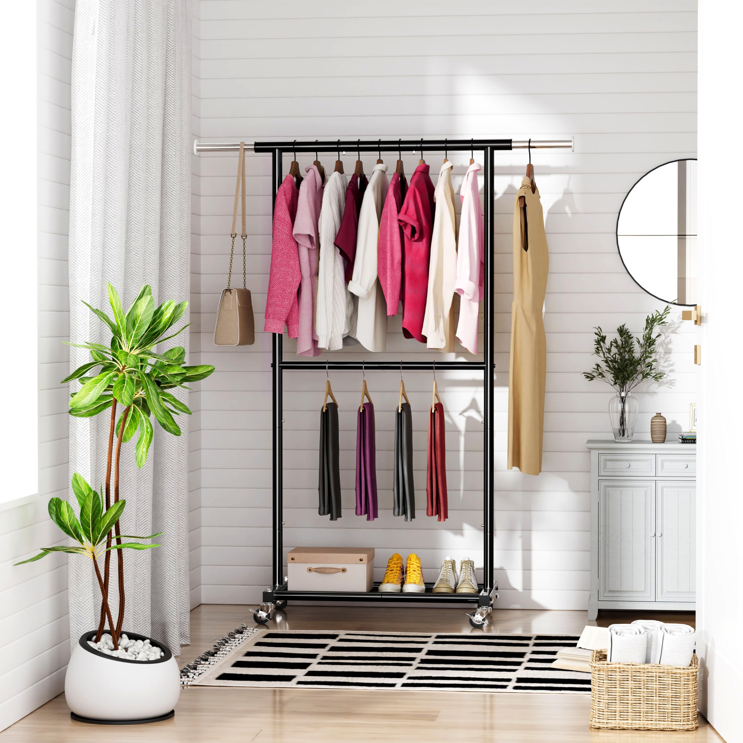 MWQ Double Rod Clothes Garment Rack on Wheels, 50in Long Rolling Clothing Storage Organizer with Adjustable Rod and Shelf, Black