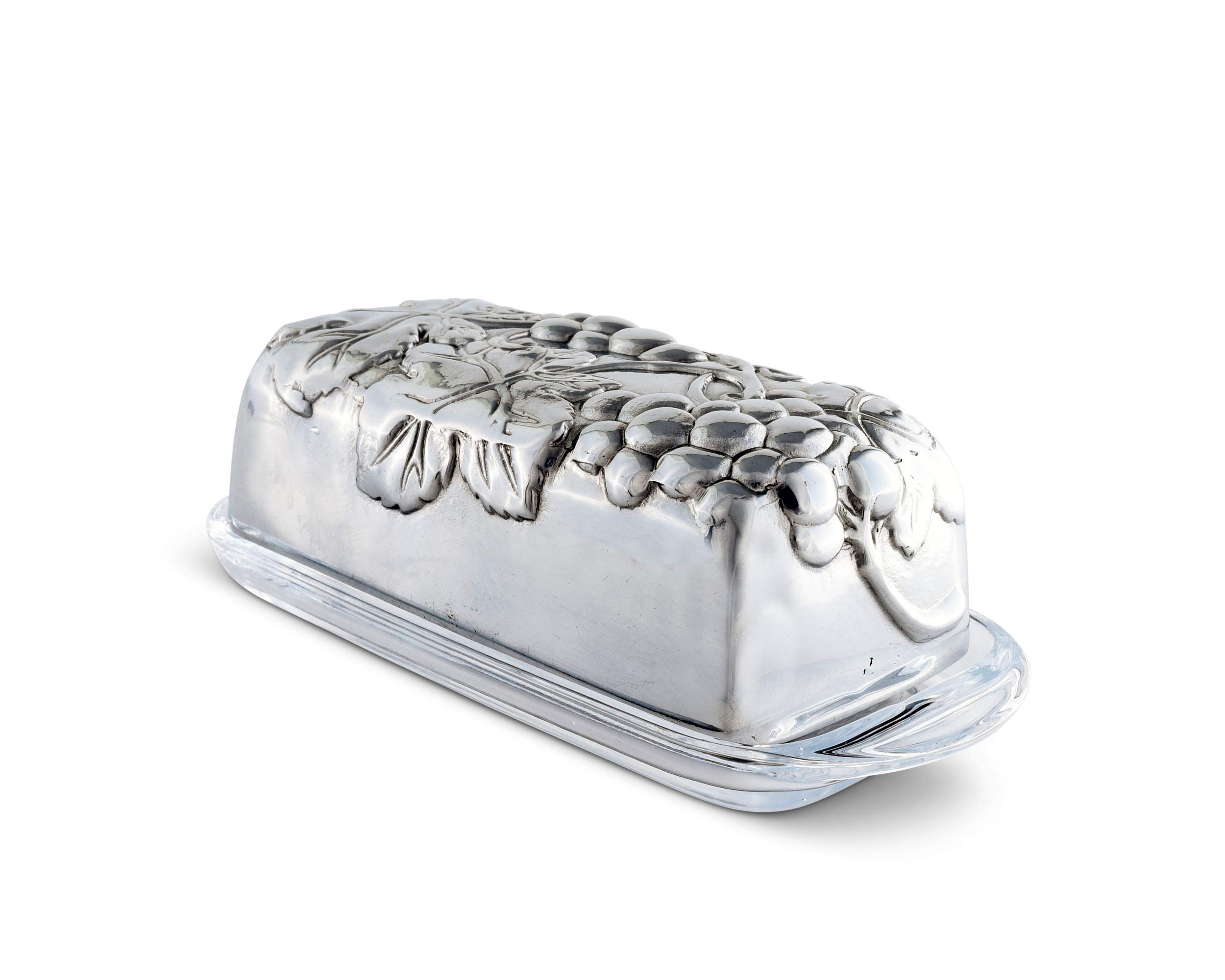 Arthur Court Designs Aluminum Grape Covered Butter Cream Cheese Dish Container Keeper Hand Polished Tarnish Free Artisan Quality with glass dish 7 inch Long