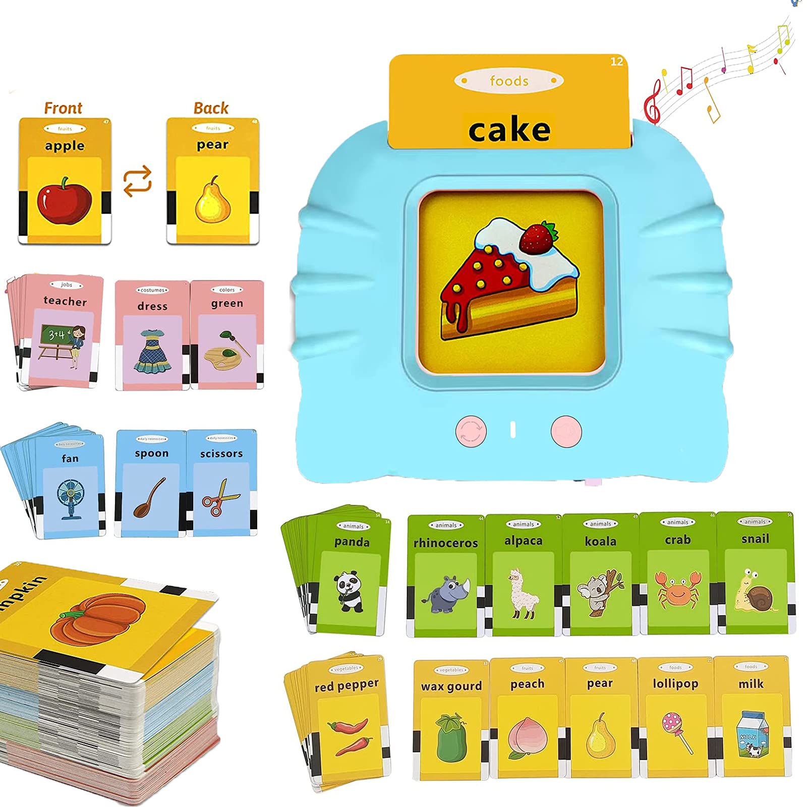 Educational Toddler Toy Flashcards Device,WONFAST 112PCS Double-Sided Illustrations Words Audible Preschool Learning Flash Cards Reader for Kids Boys Girls Birthday Christmas Children Gifts (Blue-1)