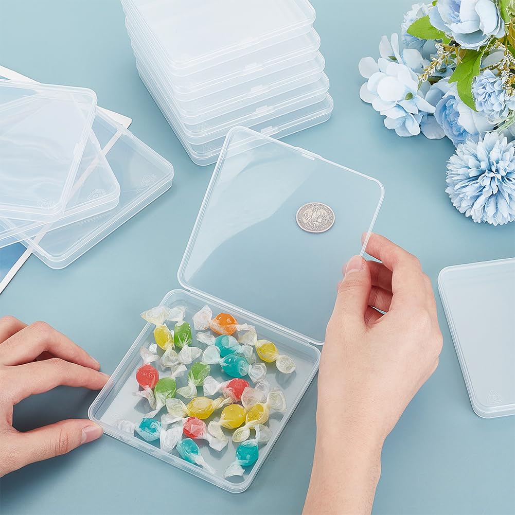 BENECREAT 10 Packs Square Plastic Storage Boxes, 4.3x4.3x0.6inch Clear Bead Storage Containers Box with Hinged Lid for Beads Cards and Other Craft Accessories
