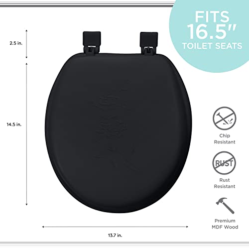 Bath Bliss Extra Soft Standard Round Toilet Seat | Decorative Vinyl Lid | Fits 16.5β Seats | Adjustable Quick Screw Attach Non-Slip Hinges | Bathroom | Black