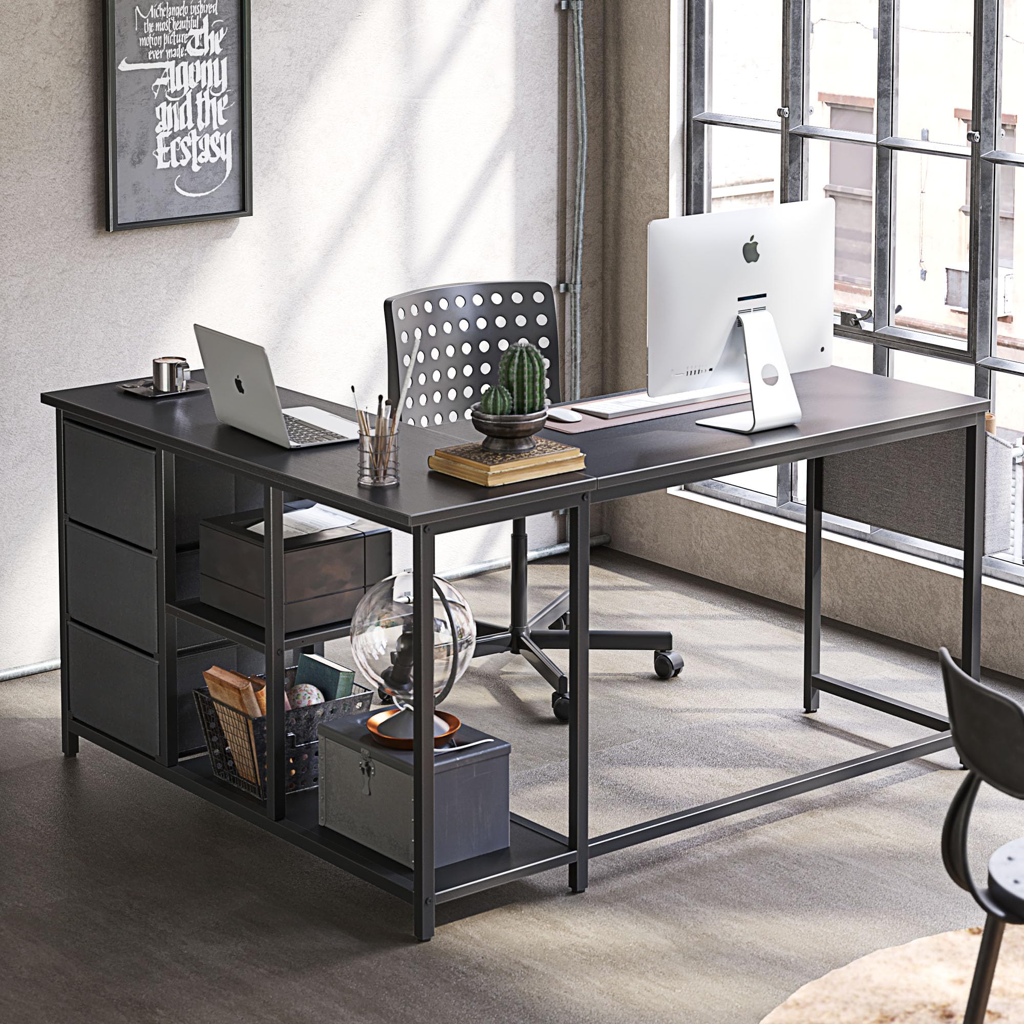 Treesland L Shaped Desk with Drawers, Computer Desk with Storage & Shelves, Corner Desk with Storage, Home Office Desks with Drawers, L Shape Desks with Storage, Black