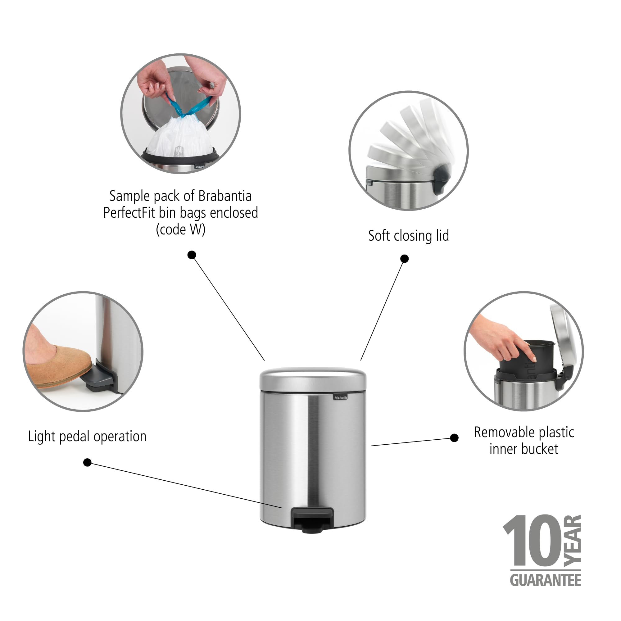 Brabantia Bathroom Pedal Bin 5L, 1.3 Gal, Matt Steel