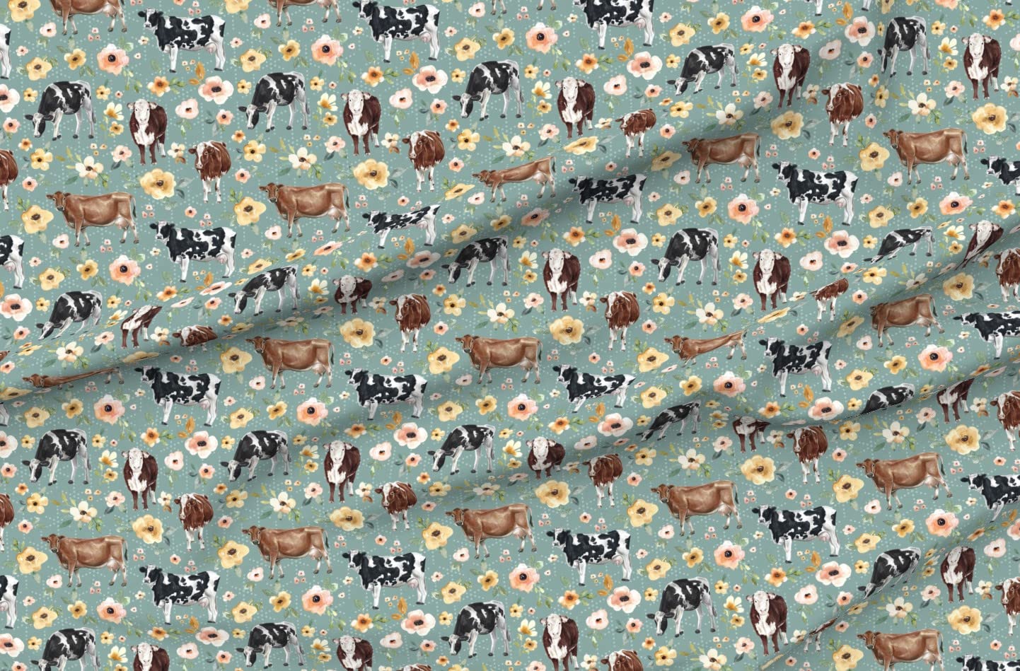 Spoonflower Fabric - Farmhouse Blue Cows Flowers Large Pink Floral Dots Spring Watercolor Printed on Petal Signature Cotton Fabric by The Yard - Sewing Quilting Apparel Crafts Decor