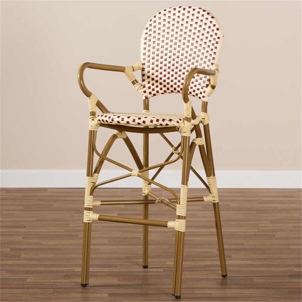 Baxton Studio Marguerite Classic French Indoor and Outdoor Beige and Red Bamboo Style Stackable Bistro Bar Stool