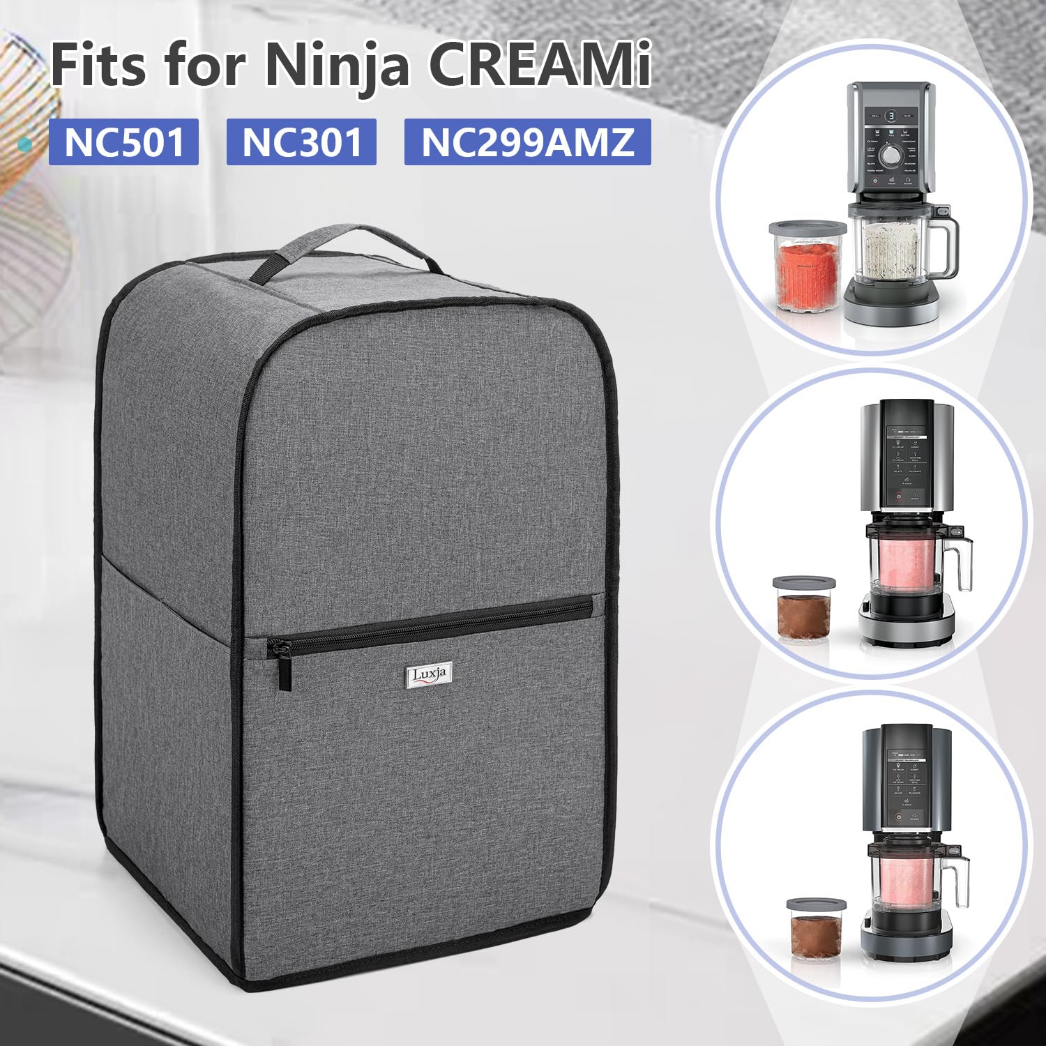 LUXJA Dust Cover Fits for Ninja CREAMi NC501, NC301, NC299AMZ, Ice Cream Maker Dust Cover Compatible for Ninja Ice Cream Maker Machine with Accessories Pockets, Gray