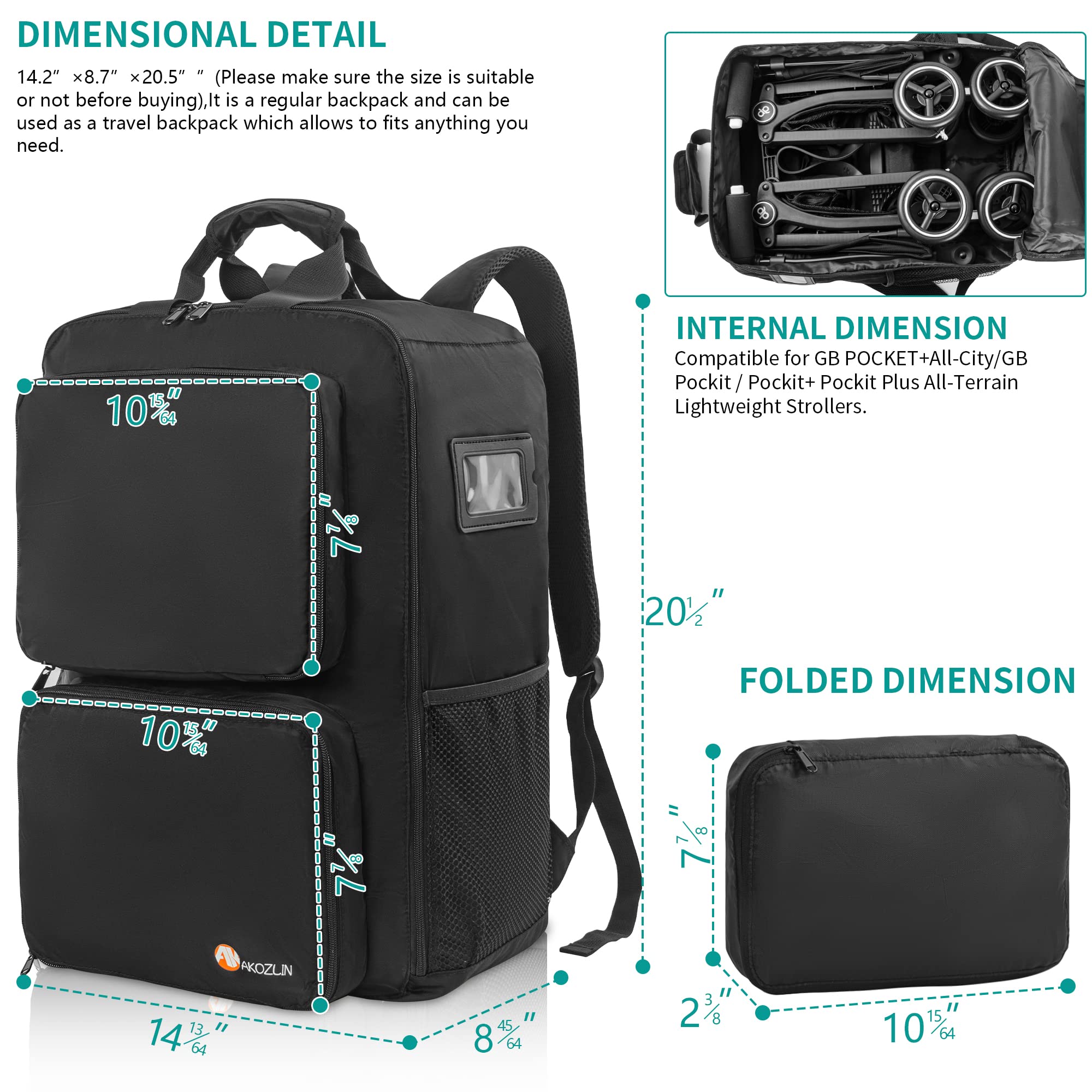 AKOZLIN Foldable Stroller Travel Bag Backpack Compatible with GB Pockit+ All City/GB Pockit Air All Terrain/Gb Pockit Stroller(14.2”×8.7”×20.5”)