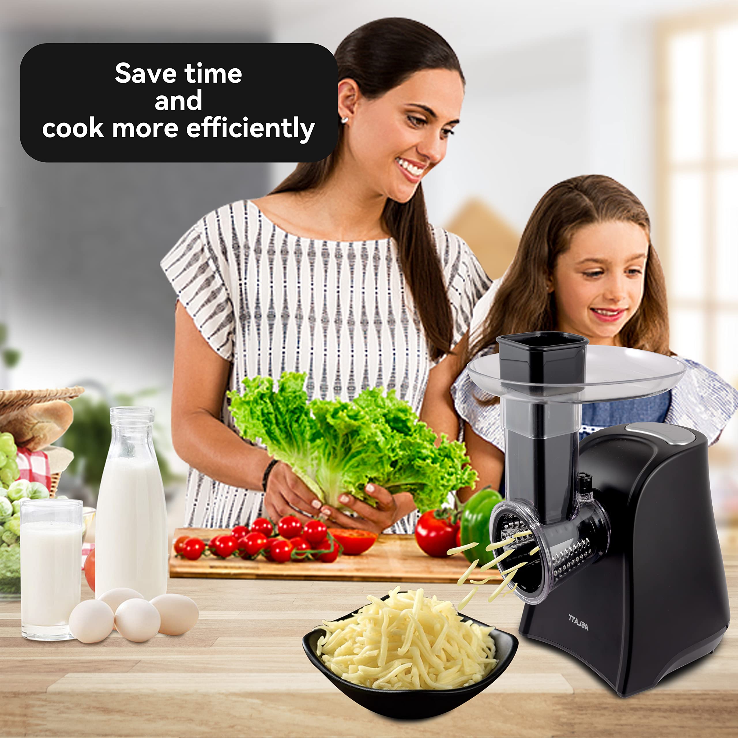 ASLATT Electric Slicer, Electric Cheese Grater for Home Kitchen Use, One-Touch Control Cheese Shredder, Salad Maker Machine for Fruits, Vegetables, Cheese Grater with 5 Attachments