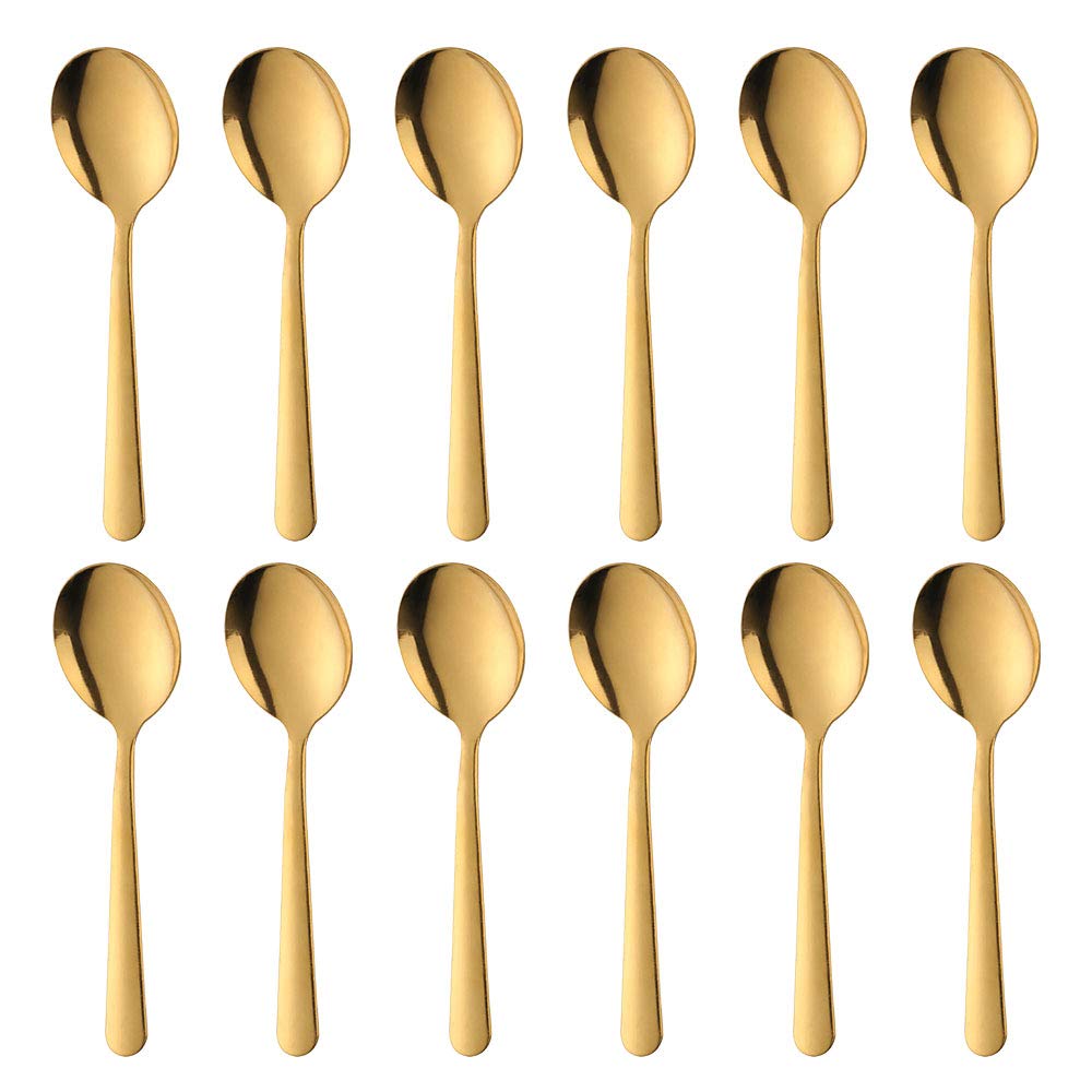 Bouillon Round Spoon 12 Pieces Stainless Steel Soup Spoons, BUY&USE 5.9-Inch Gold Color Dinenrware
