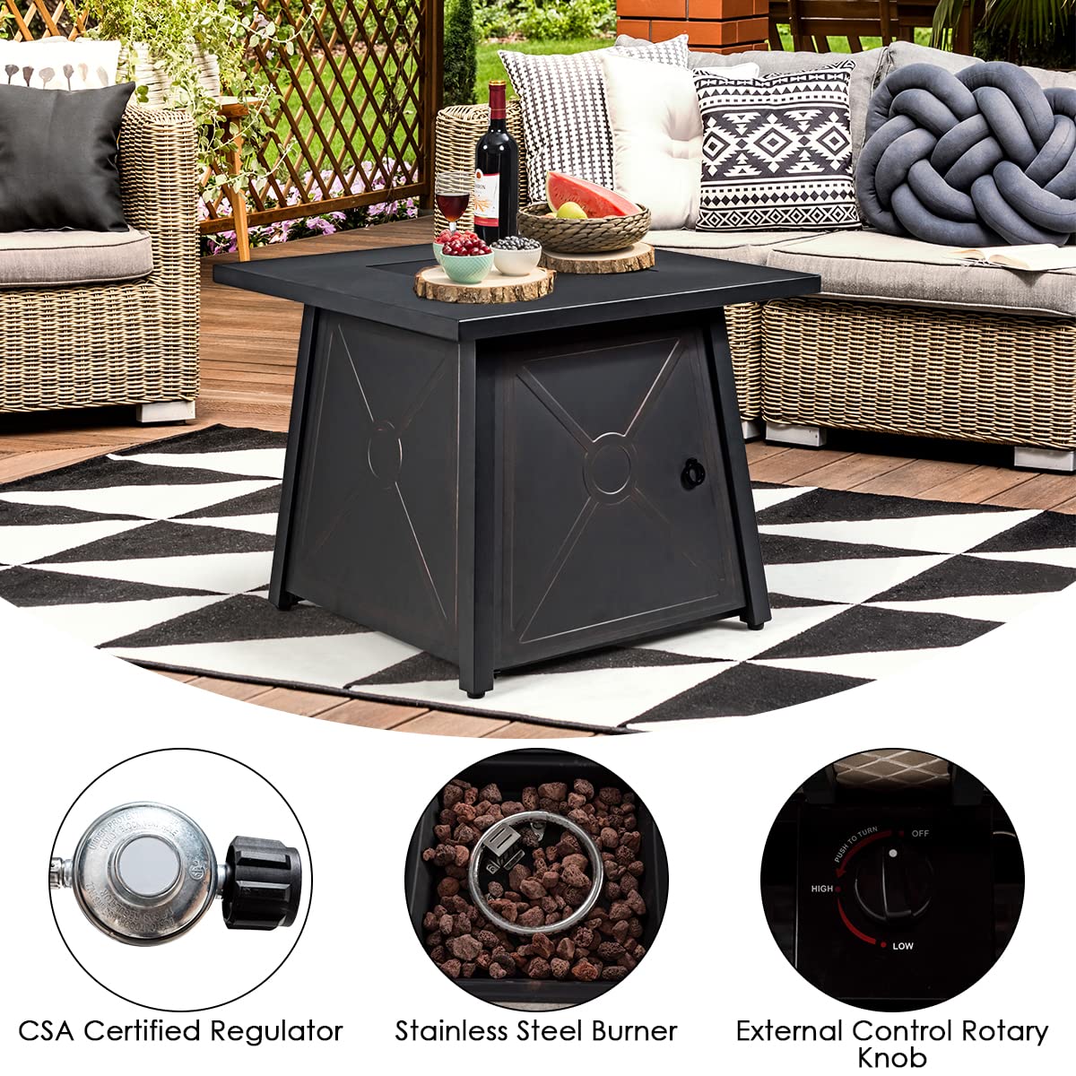 Tangkula 5 Piece Patio Furniture Set with 50,000 BTU Propane Fire Pit Table, Outdoor Wicker Conversation Set w/Cushions, Storage Box and Tempered Glass Coffee Table, 30” Gas Fire Pit Table (Turquoise)