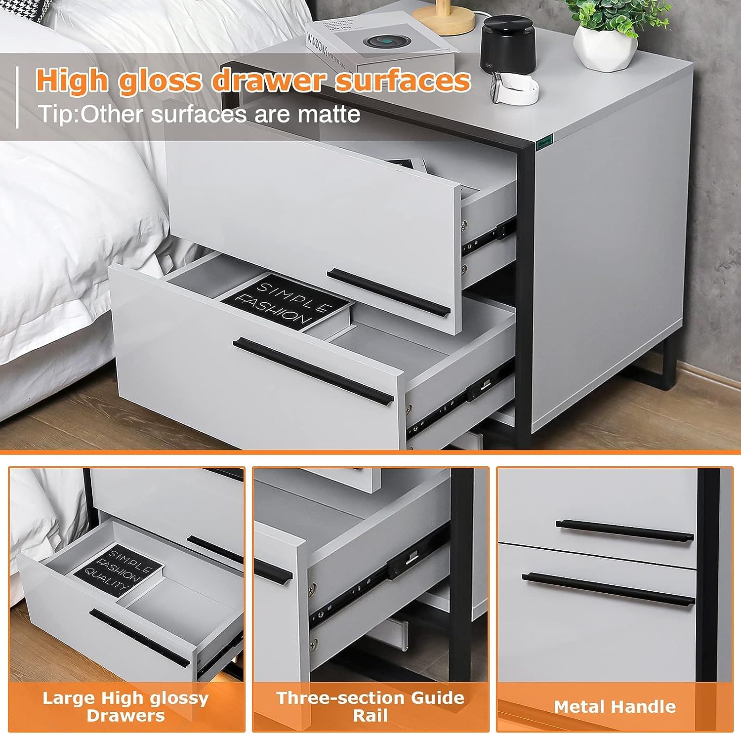 HOMMPA Nightstand with Auto Led Light Grey Night Stand with Infrared Sensor Lights 3 Colors Adustable Brightness Led Bedside Table with Metal Frame 2 Drawers High Gloss Modern Night Stand for Bedroom