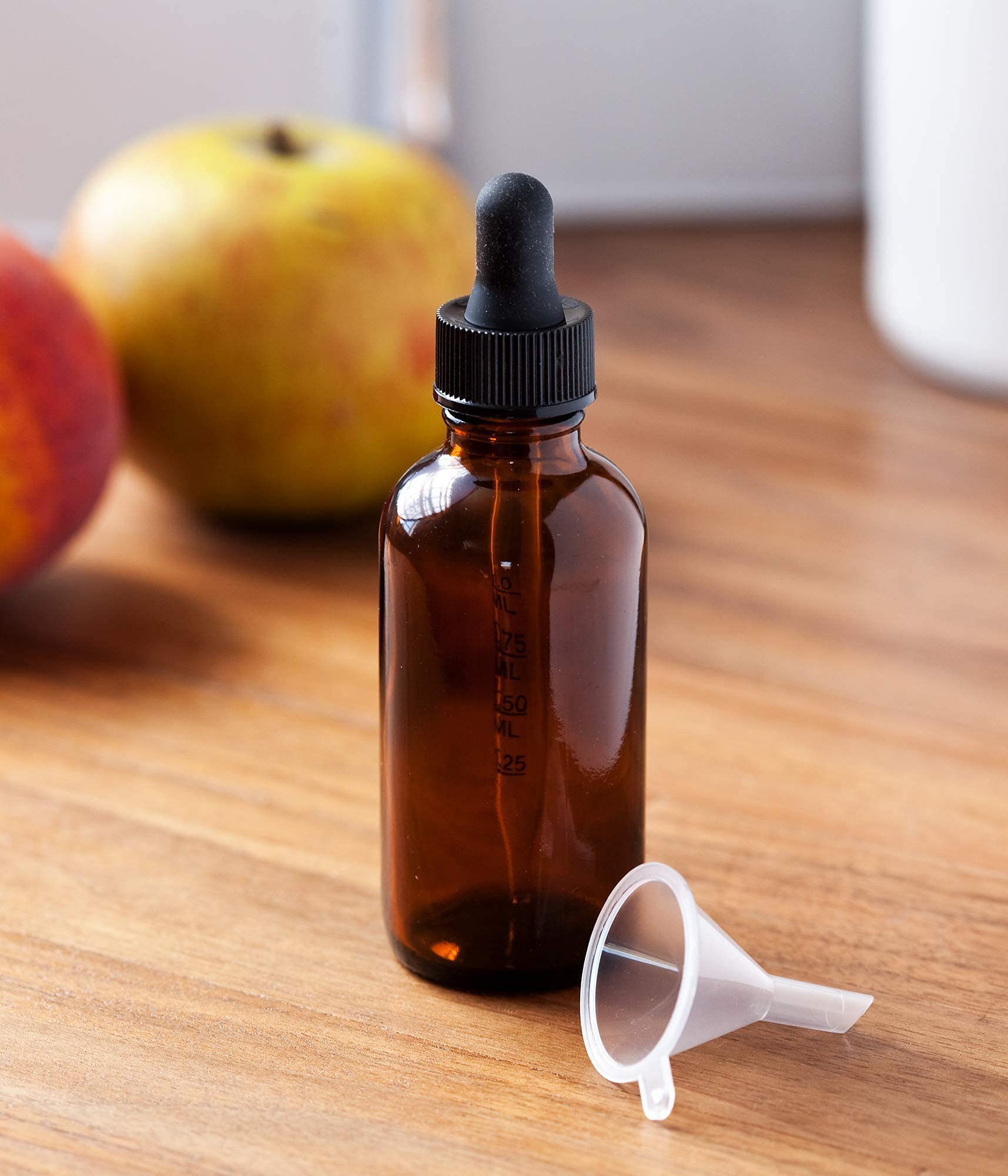 JUVITUS 2 oz Amber Glass Boston Round Graduated Measurement Glass Dropper Bottle (12 pack) + Funnel