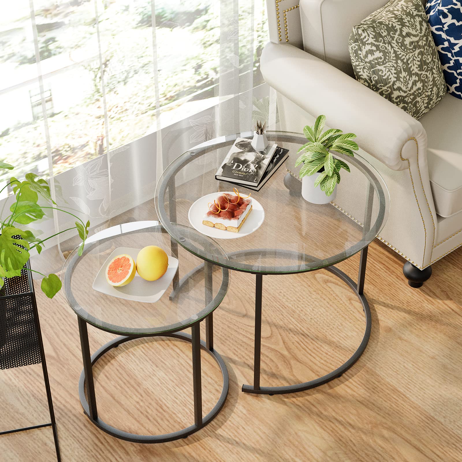 Azheruol Nesting Coffee Table Set of 2,Modern Black Tempered Glass Side Table, Metal Frame Round End Table.Small Glass Tea Table for Living Room,Bedroom Studio Apartment Essentials,17.7IN