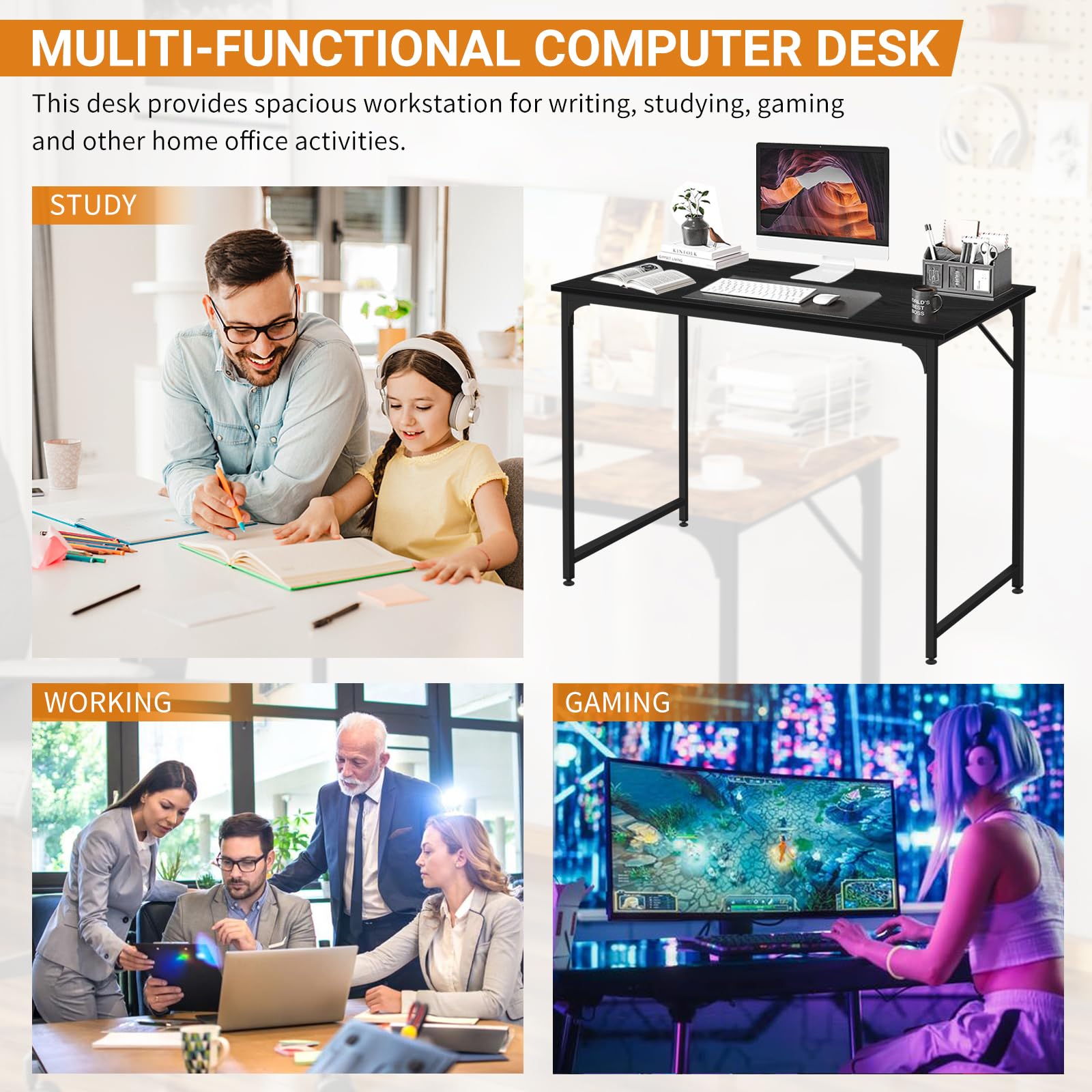 BLKMTY 47" Computer Desk Home Office Desk Writing Desk Wood PC Study Table Work Desk Modern Simple Style Laptop Table with Metal Frame and Smooth Tabletop for Workstation Bedroom Desk, Black