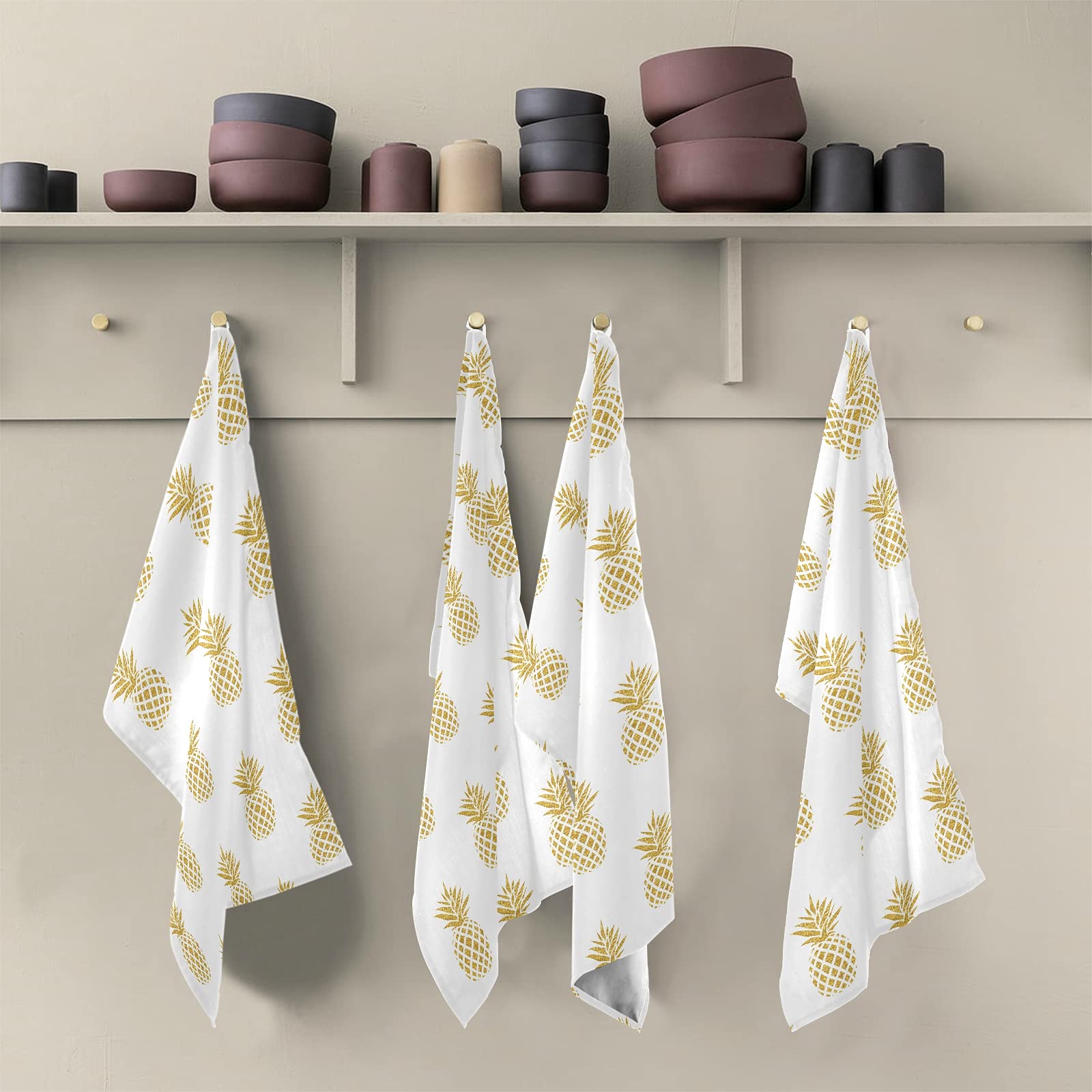 ALAZA Gold Pineapple on White Kitchen Towels Dish Bar Tea Towel Dishcloths 1 Pack Super Absorbent Soft 18 x 28 inches