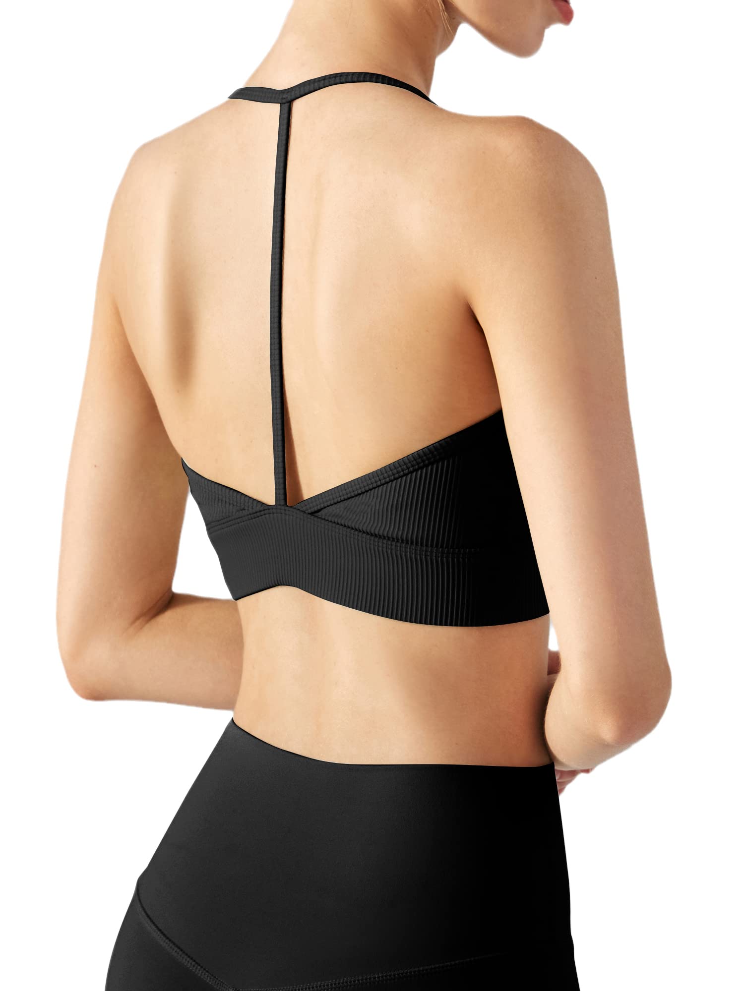 Abonlen Sports Bras for Women Ribbed Padded T Racerback Bras Yoga Workout Crop Tank Top (as1, Alpha, m, Regular, Regular, Black, Medium)