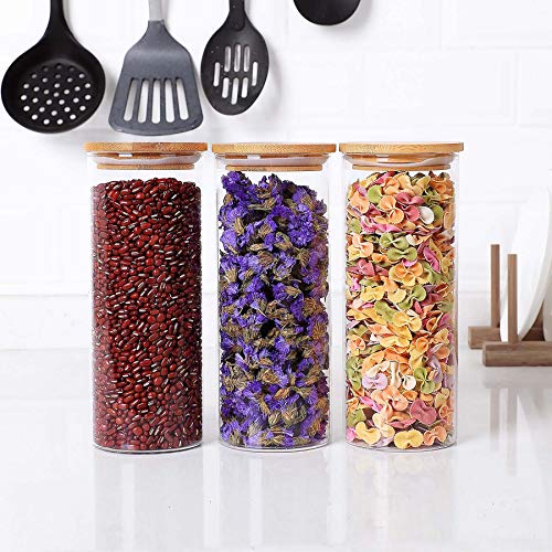ComSaf Airtight Glass Storage Containers with Bamboo Lid (30oz Set of 3), Clear Food Storage Canisters with Lid, Kitchen Pantry Storage Jar for Flour Cereal Sugar Tea Coffee Beans Snacks, Round