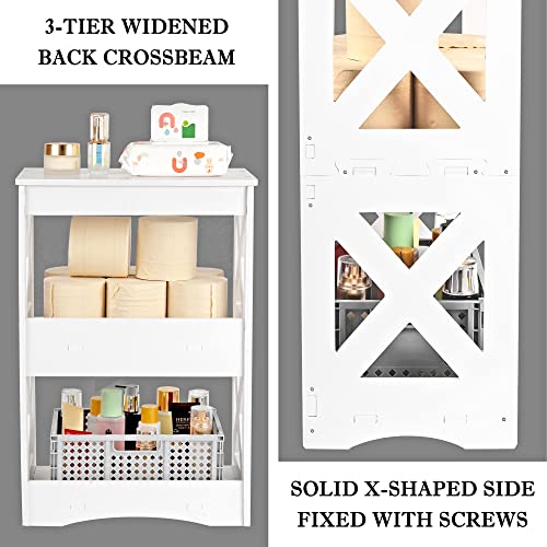 BYFU 3-Tier Side Table Set of 2, Narrow End Table with Storage Shelf, White Nightstand Bedside Table Small Bookshelf Bookcase Display Rack for Bedroom Bathroom Living Room Office