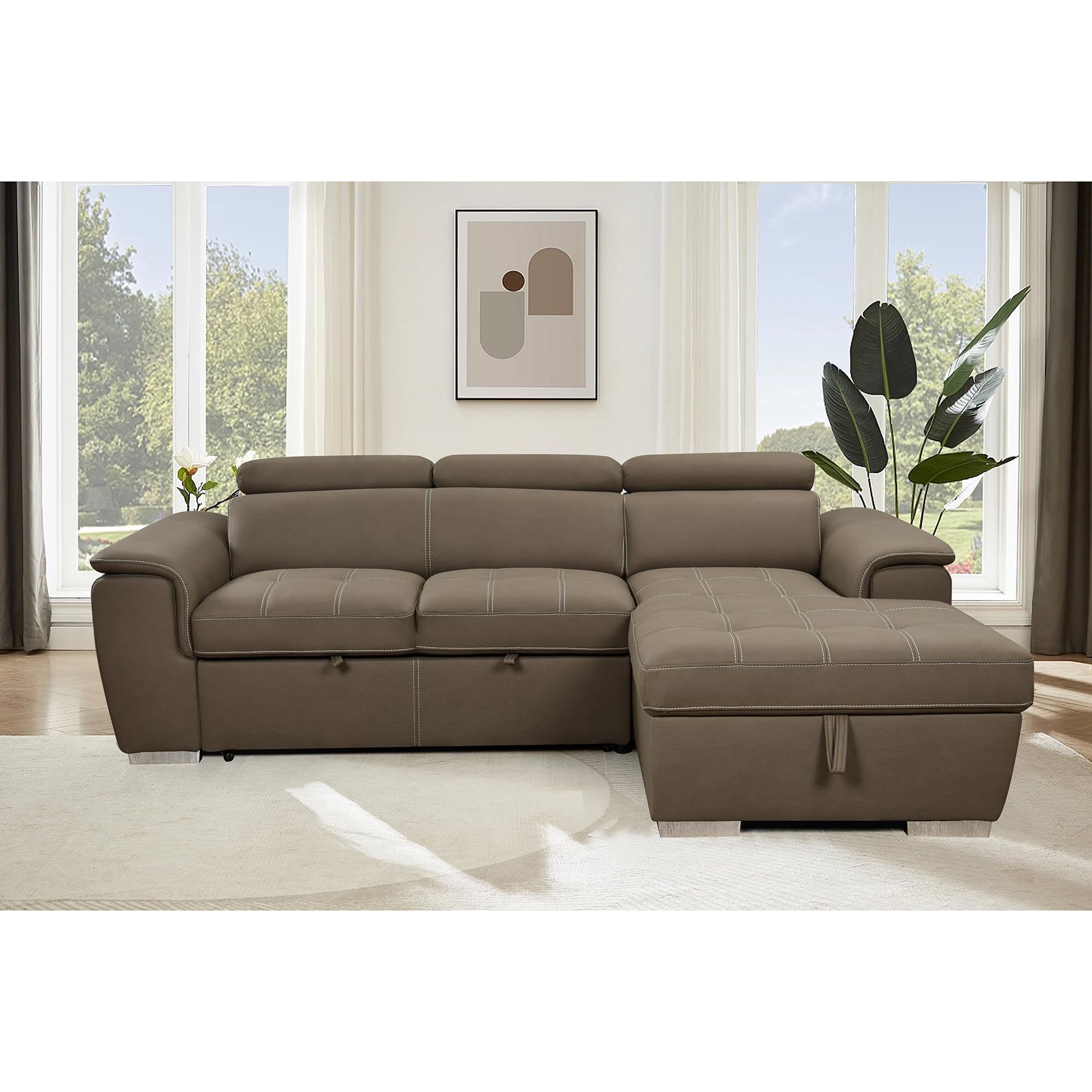 Holaki 105" Convertible L Shape Sectional Couch,Modern Sectional Sleeper Sofa with Pull Out Bed and Storage Chaise,Sectional Sofa Bed with Adjustable Headrest and Stools for Living Room(Grey)