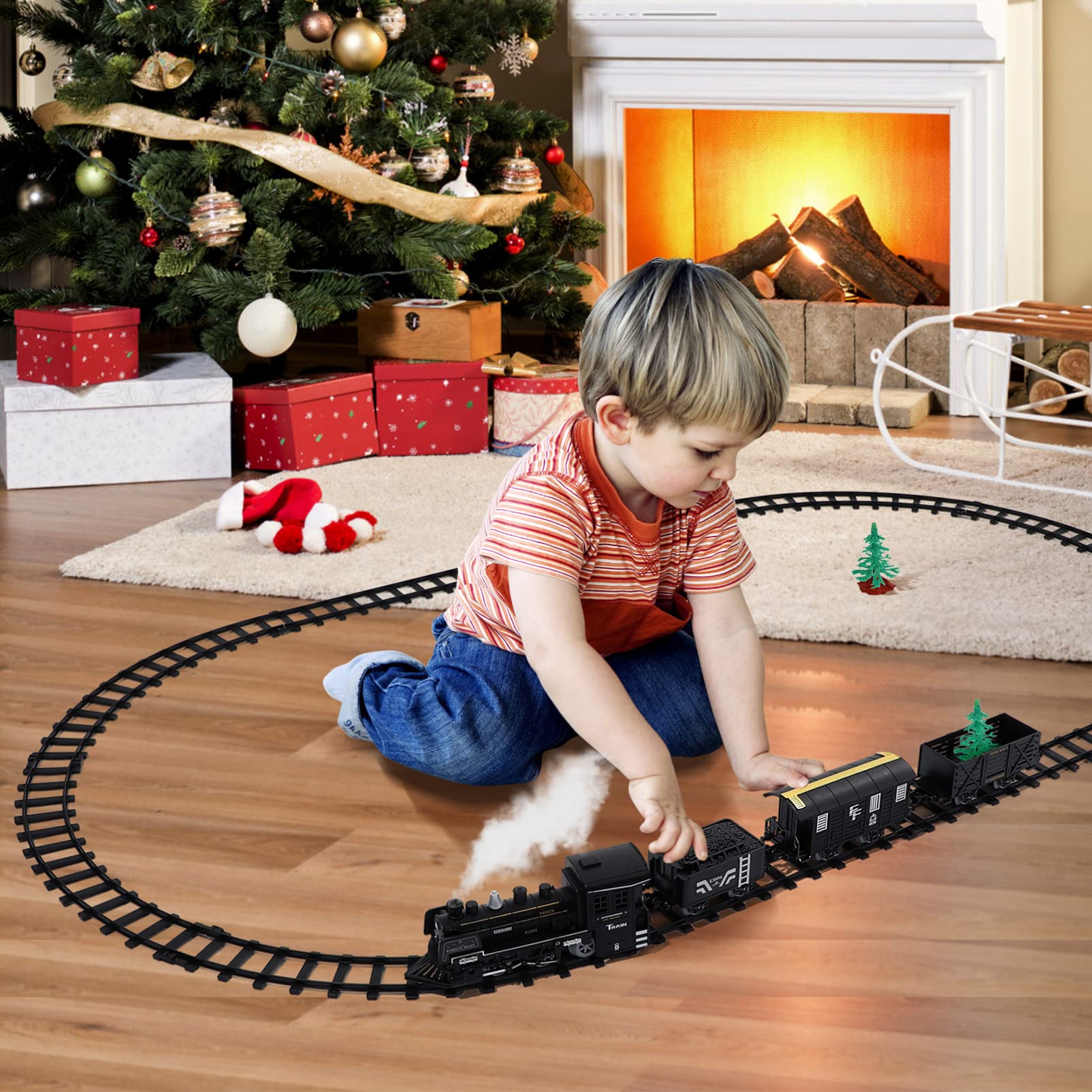 Electric Train Set for Kids- Battery- Powered Model Train with, Sounds& Lights Steam Locomotive Engine, Cargo Cars& Tracks- Christmas Train Sets for Under The Tree