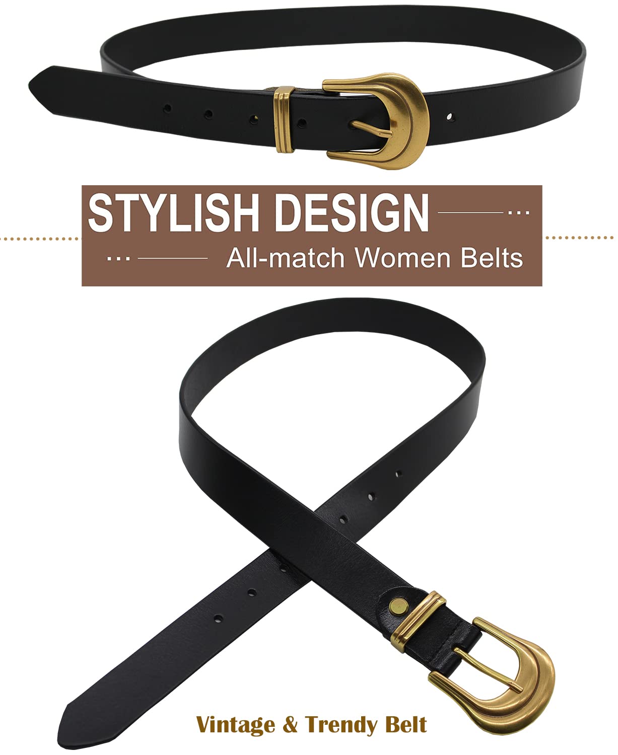 ALAIX Women's Belt Western Belts Silver Gold Buckle Black Leather Belt Pants Jeans Belts for Women