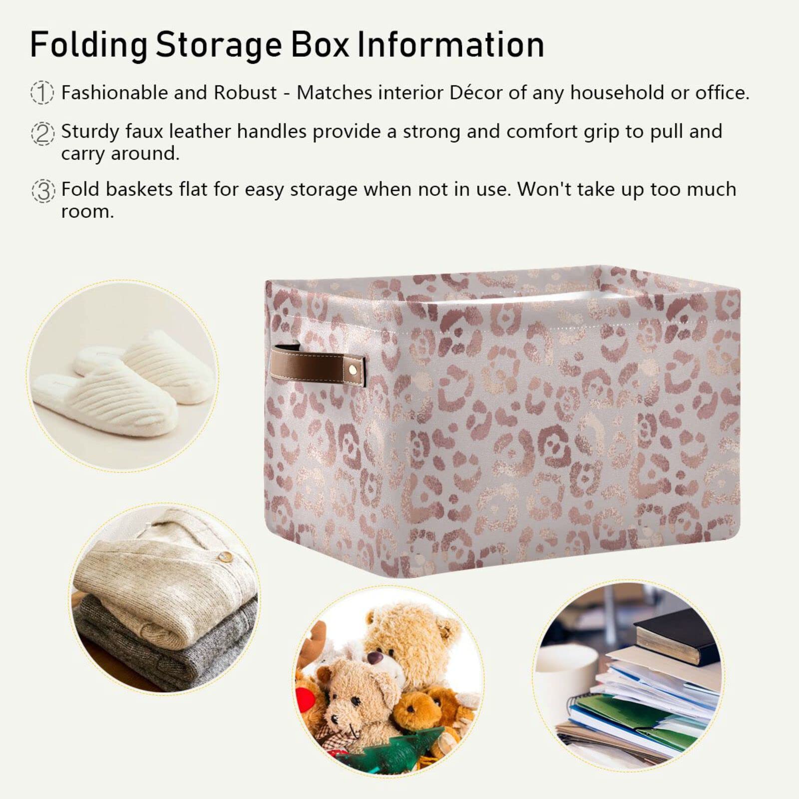 ALAZA Leopard Print Cheetah Rose Gold Large Storage Basket with Handles Foldable Decorative 1 Pack Storage Bin Box for Organizing Living Room Shelves Office Closet Clothes