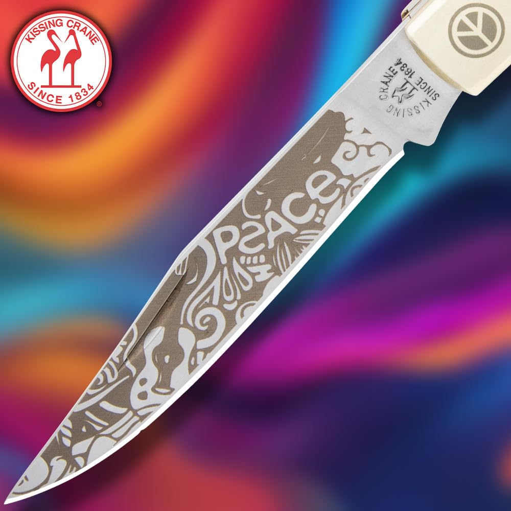 KISSING CRANE Groovy Trapper Pocket Knife | Laser Etched Stainless Steel Blades | 3D Printed Bone and Acrylic Handle Scales | Nickel Silver Boosters | 1960's Tribute | Closed Length 4"