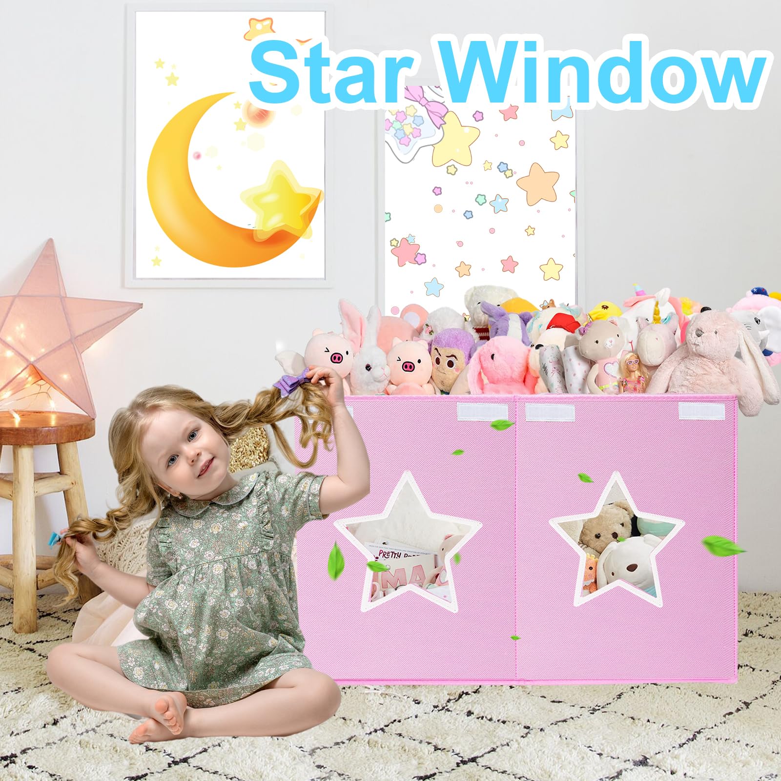 Xmasorme Large Toy Box Chest,Collapsible Sturdy Storage Bins with Lids,Large Kids Toy Storage Organizer Boxes Baskets for Kids,Boys,Girls,Toddler,Nursery Room,Playroom(Pink Star)