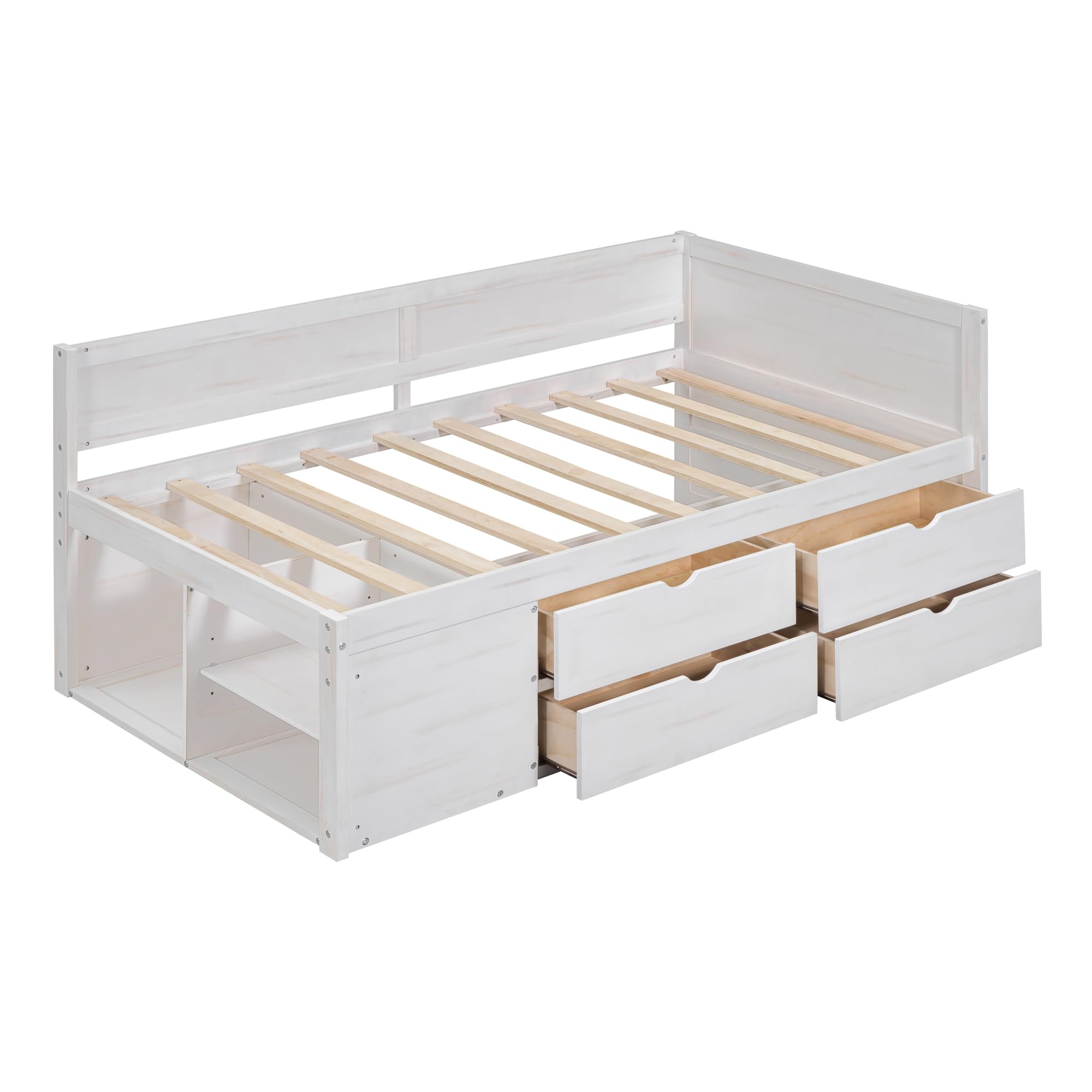 Brisca Twin Size Daybed with Four Drawers and Three Shelves,Multifunction Solid Wood Storage Bed Frame,W/Wooden Slates Support,for Kids Teens,Boys & Girls,No Box Spring Needed,White