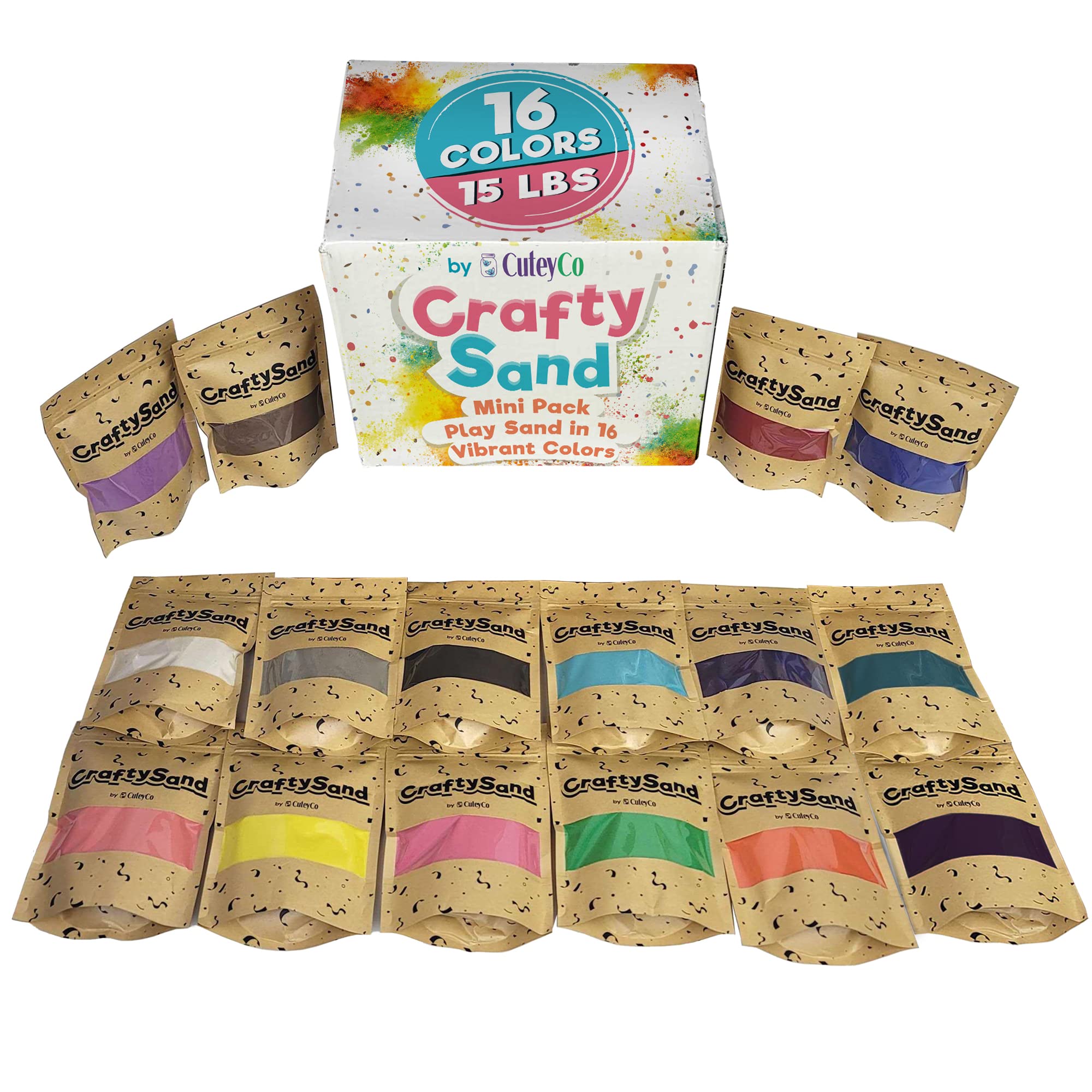 CuteyCo CraftySand’s Big Pack: 16 lbs & 16 Colors for Kids’ Play Sand, Sand Art
