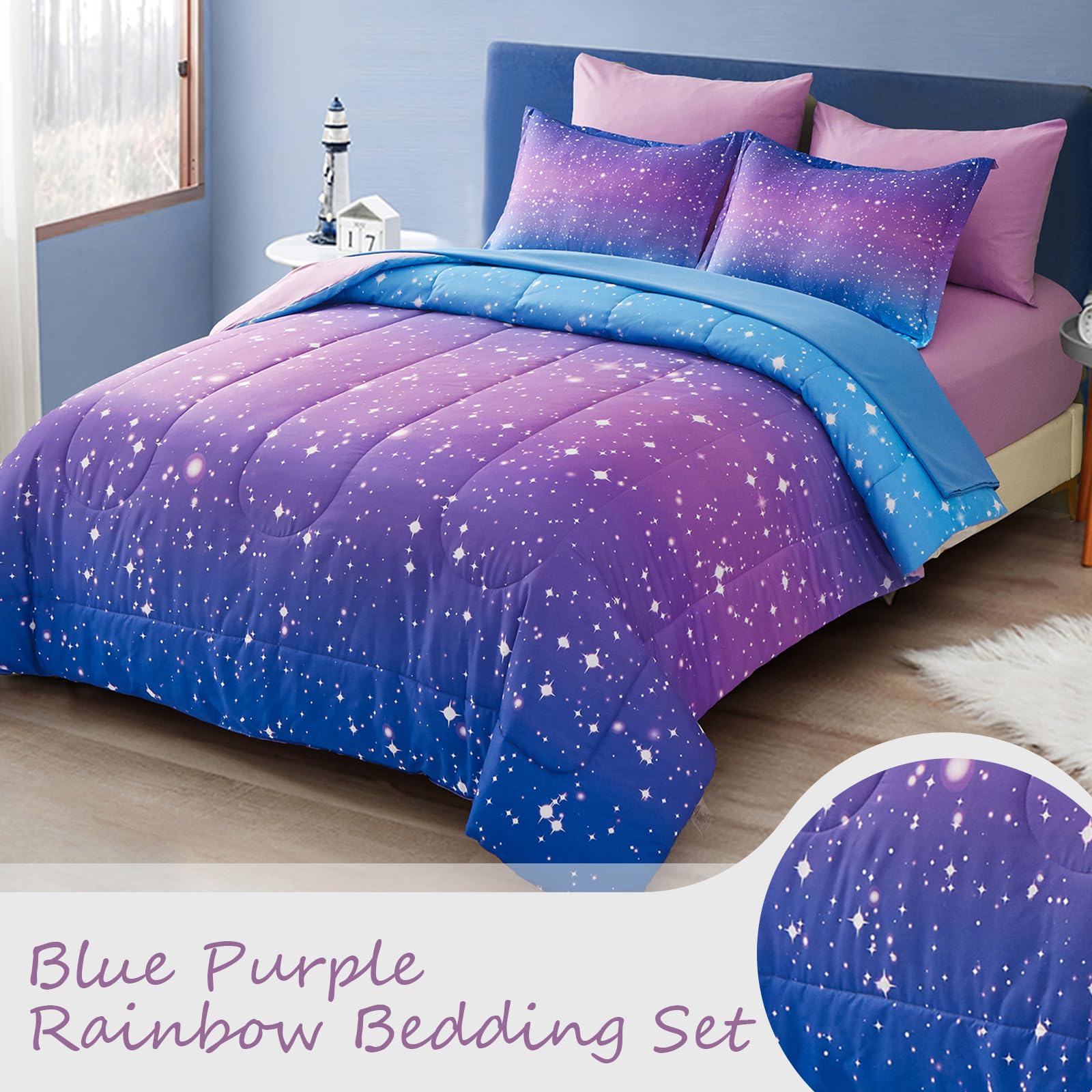 Drucon Rainbow Comforter Set Queen Size for Teen Girl &Boys,7 Pieces Bed in A Bag Blue Purple Rainbow Bedding Set Queen Size(1 Comforter, 1 Flat Sheet, 1 Fitted Sheet, 2 Pillow sham, 2 Pillowcases)
