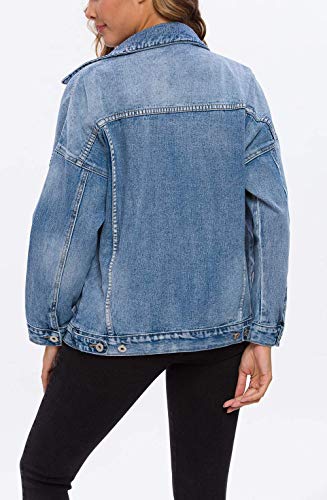 Cantonwalker Women's Oversize Vintage Washed Boyfriend Denim Jacket Long Sleeve Classic Loose Jean Trucker Jacket 003 (Light Blue Washed, L)…