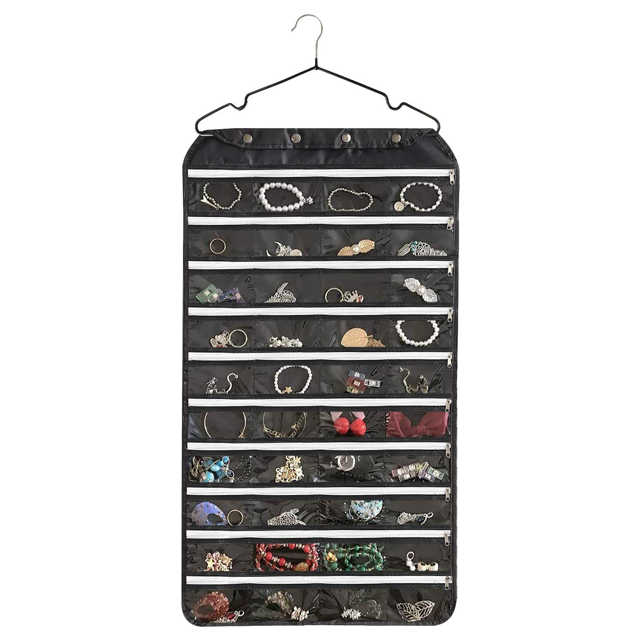 BB Brotrade Hanging Jewelry Organizer with Oxford Double Side 80 Zippered Storage Pocket (black)