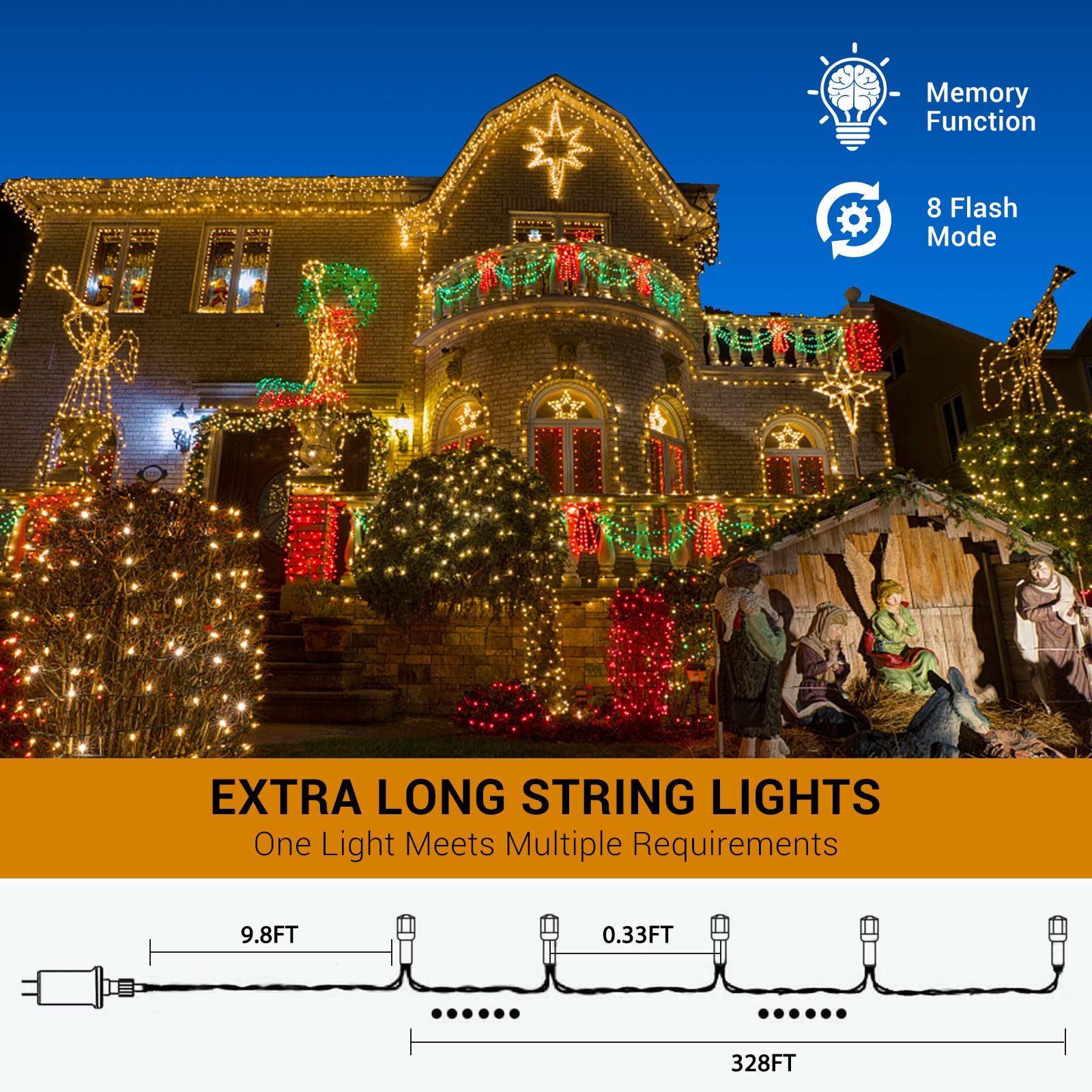 Marchpower Easter Twinkle Lights 328ft 1000 LED with 8 Modes and Memory, Diamond Shape Cristmas String Lights Plug in - Indoor Outdoor Waterproof Romance Wedding Home Garden Party Decor, Warm White