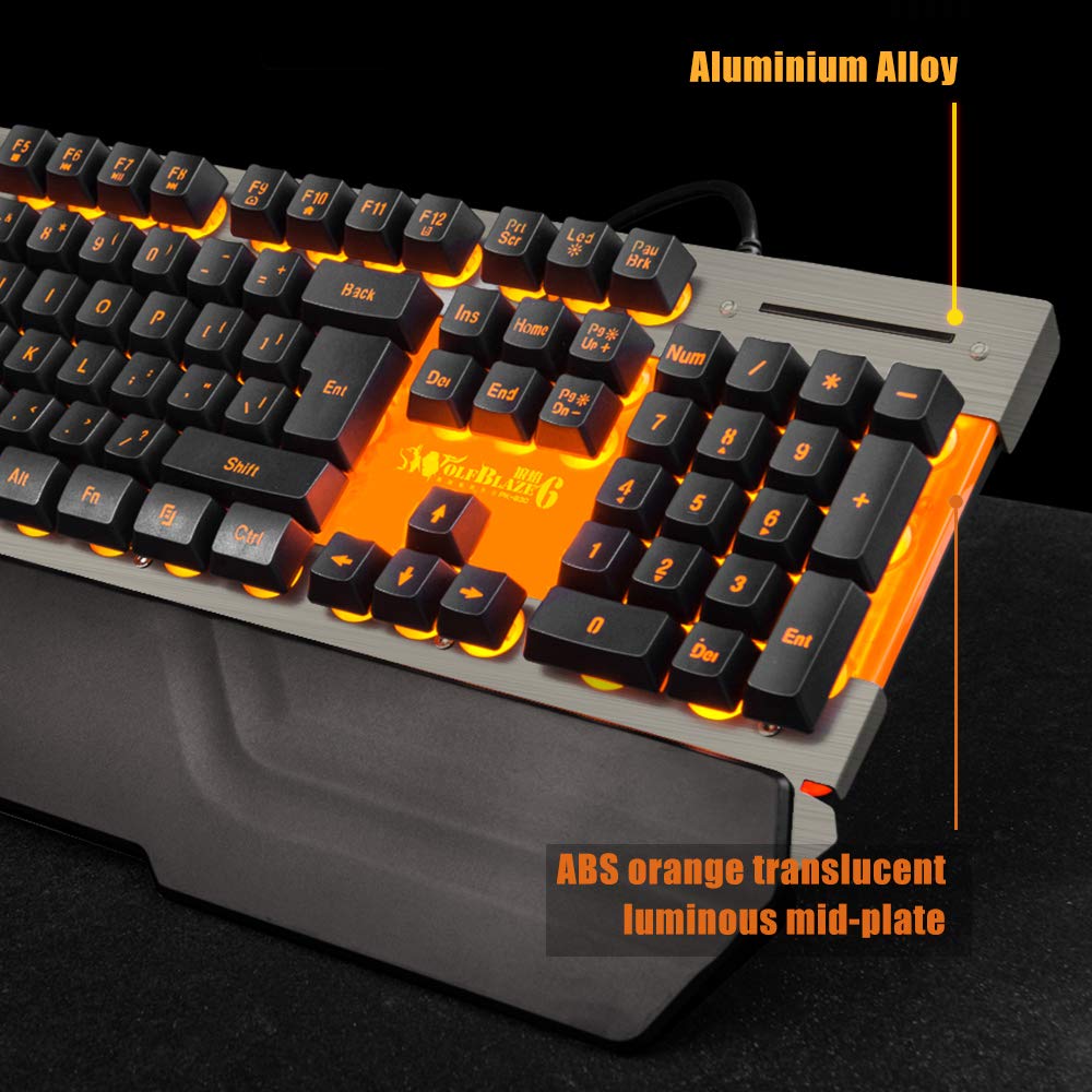 7KEYS K8 Gaming Keyboard USB Wired with Premium Big Wrist Rest, Floating Gaming Keyboard with Orange Led Backlit, Durable Metal Panel, Quiet Mechanical Feeling Keyboard, Ergonomic for PC Desktop