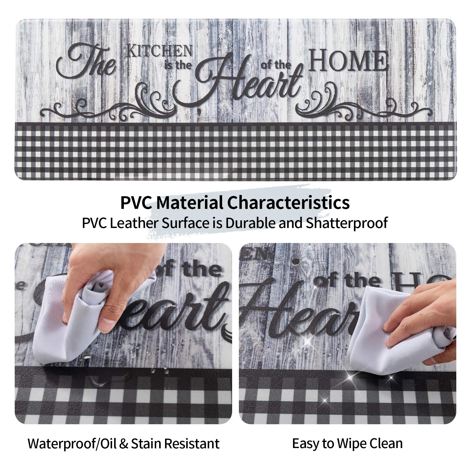 Asrug Black and White Plaid Checkered Comfort Kitchen Standing Desk Mat Anti Fatigue Ergonomic Floor Pad Rug Waterproof Stain Resistance Non Slip Kitchen Set, 17.3''x27.6''+17.3''x47.2'', Wood Plaid
