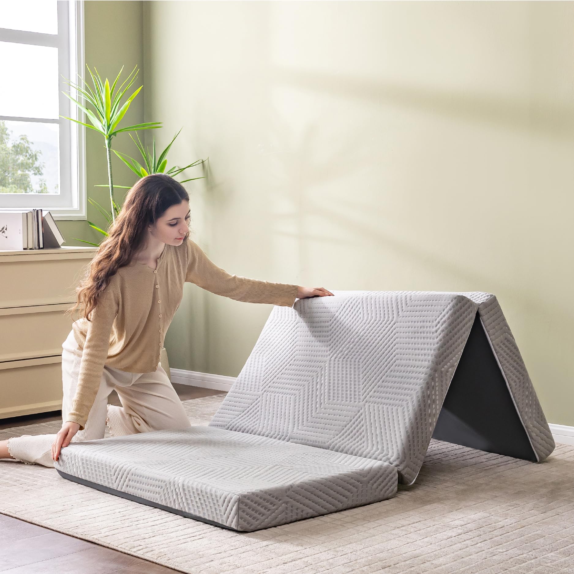 Folding Mattress, 4 Inch Twin XL Tri Folding Memory Foam Mattress for Camping Guest Bed, Washable Cover & Non-Slip Bottom, 80" x 38" x 4", Grey