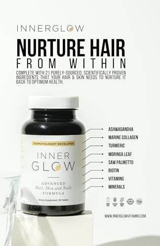 Inner Glow Advanced Hair, Skin & Nails Formula - Dermatologist and Plastic Surgeon Developed, clinically Tested for visibly Stronger and Thicker Hair in 12 Weeks