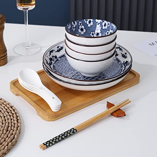 Binvertaocier 14-Piece Porcelain Asian Bowls Set with Spoons Rice Bowls with Chopsticks 10 Oz Bowls,Small Soup Bowls,Asian Plates and Bowls Set, (Vintage blue)