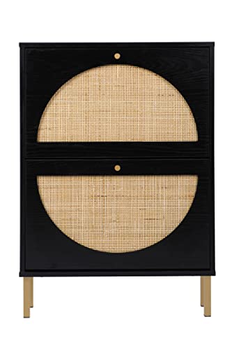 Black Rattan Shoe Storage Cabinet with 2 Flip Drawers for Entryway, Freestanding Shoe Rack Modern Slim Entryway Shoe Organizer with Half Round Woven Rattan Doors for Hallway