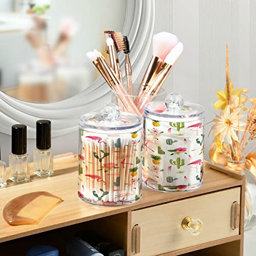 Blueangle 4PCS Tropical Flamingo Cactus Qtip Holder Dispenser with Lids - Apothecary Jar Containers for Vanity Organizer Storage - Plastic Food Storage Canisters(702)