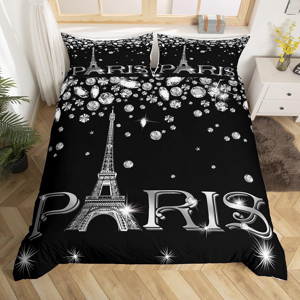 Eiffel Tower Duvet Cover King,Paris Bedroom Comforter for Women,Black and White Romantic Tower Bedding Set,Gradient Diamond Comforter Cover,Sparkles Sequins Bedspread Cover with 2 Pillow Shams
