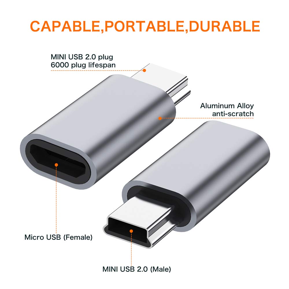 Micro USB to Mini USB 2.0 Adapter, (2-Pack)Micro USB Female to Mini USB 2.0 Male Convert Connector Support Charge & Data Sync Compatible PS3 Controller, MP3 Player, Dash Cam, Digital Camera, Hero 3+