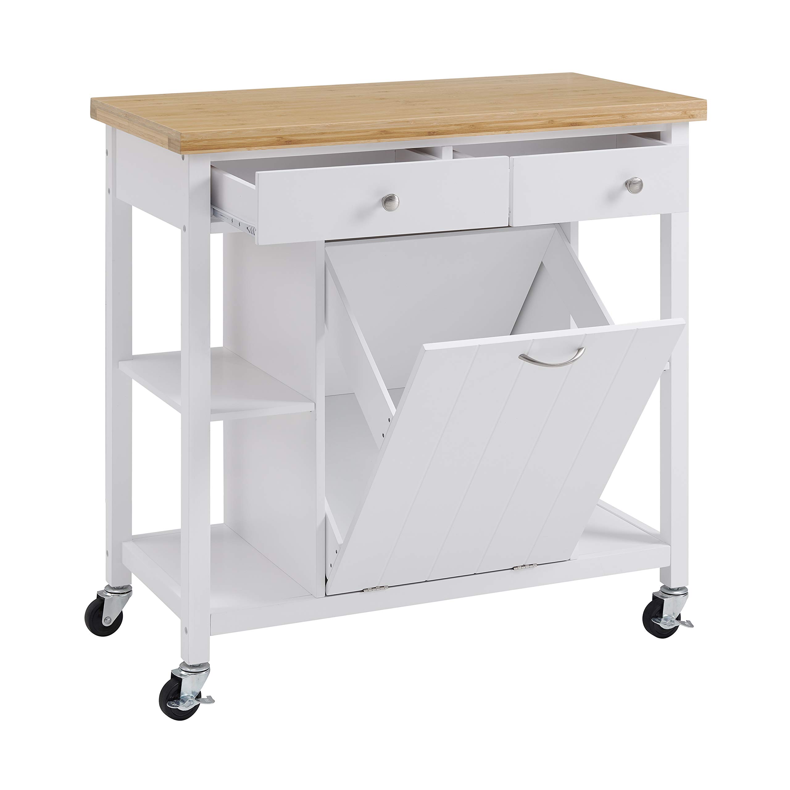 Almeris Lux White Kitchen Island Cart Wheels Bamboo Top Storage Cabinet Drawers Rolling Utility Shelf Furniture Table Home Office Bar Rack Cupboard