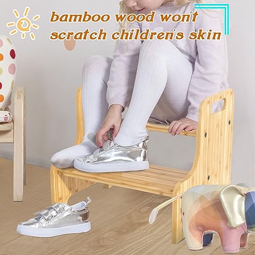 C&AHOME Wooden Toddler Step Stool - Kids Step Stool for Bathroom Sink - Wood Child Step Stool Non-Slip - Sturdy Natural Wood Two Step Stools with Handles for Kids