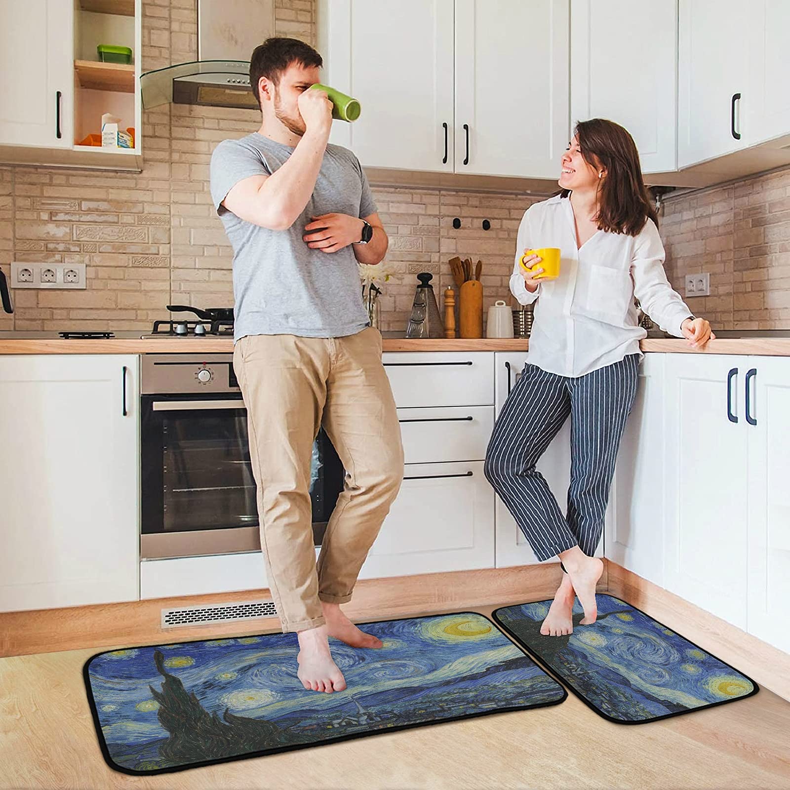 ALAZA Van Gogh Starry Sky Oil Painting 2 Piece Kitchen Rug Floor Mat Set Runner Rugs Non-Slip for Kitchen Laundry Office 20" x 28" + 20" x 48"